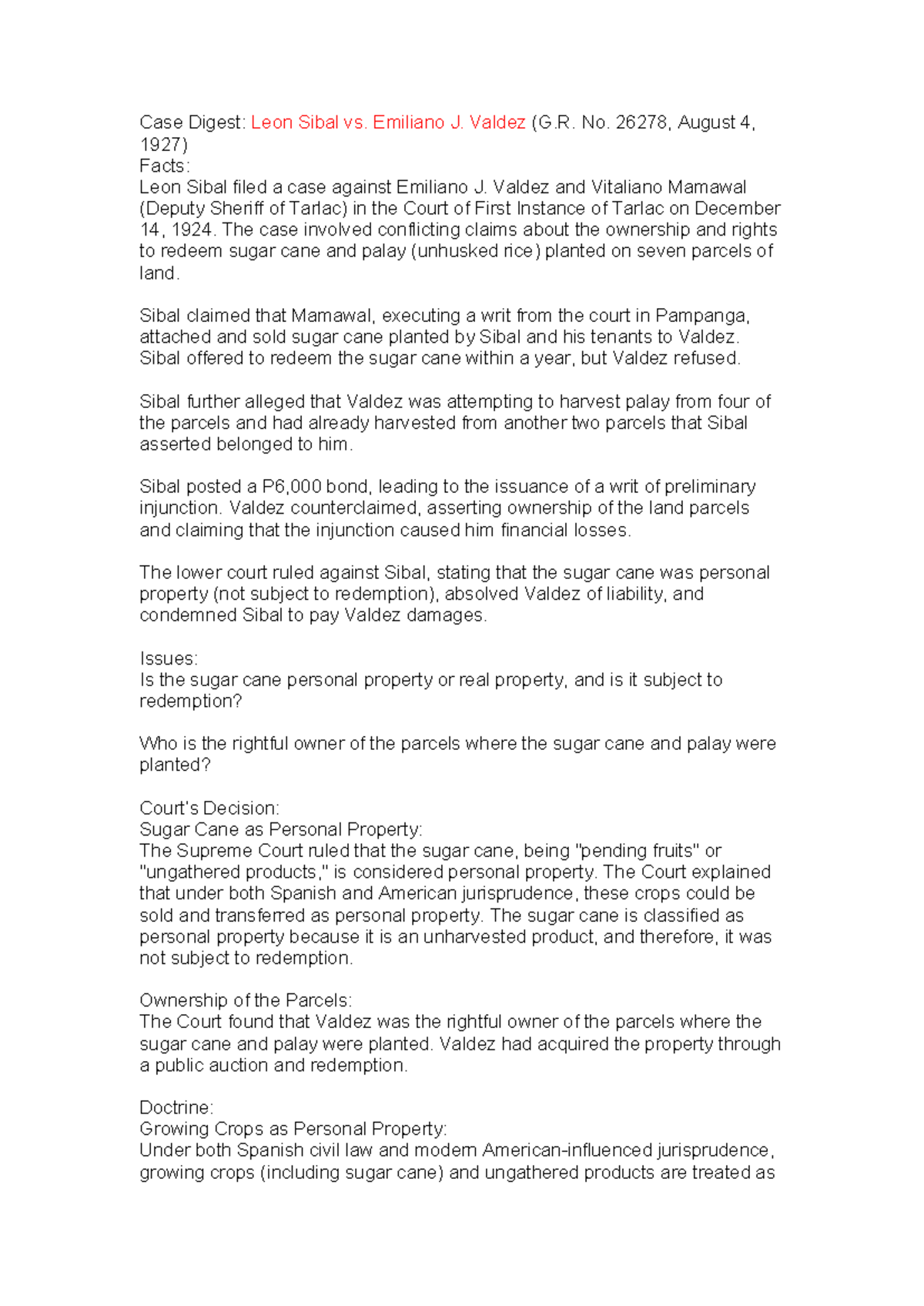 Case Digest: Leon Sibal vs. Emiliano J. Valdez (G.R. No. 26278, 1927 ...