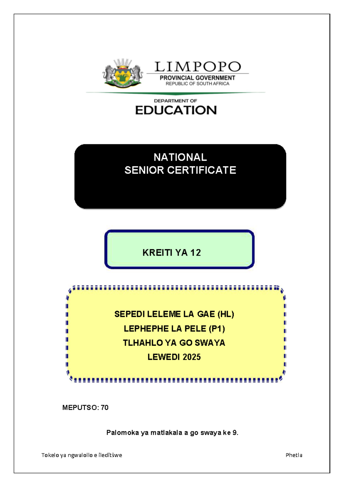 Sepedi HL P1 Preparatory Exam Memo - Grade 12 NSC 2025 - Studocu