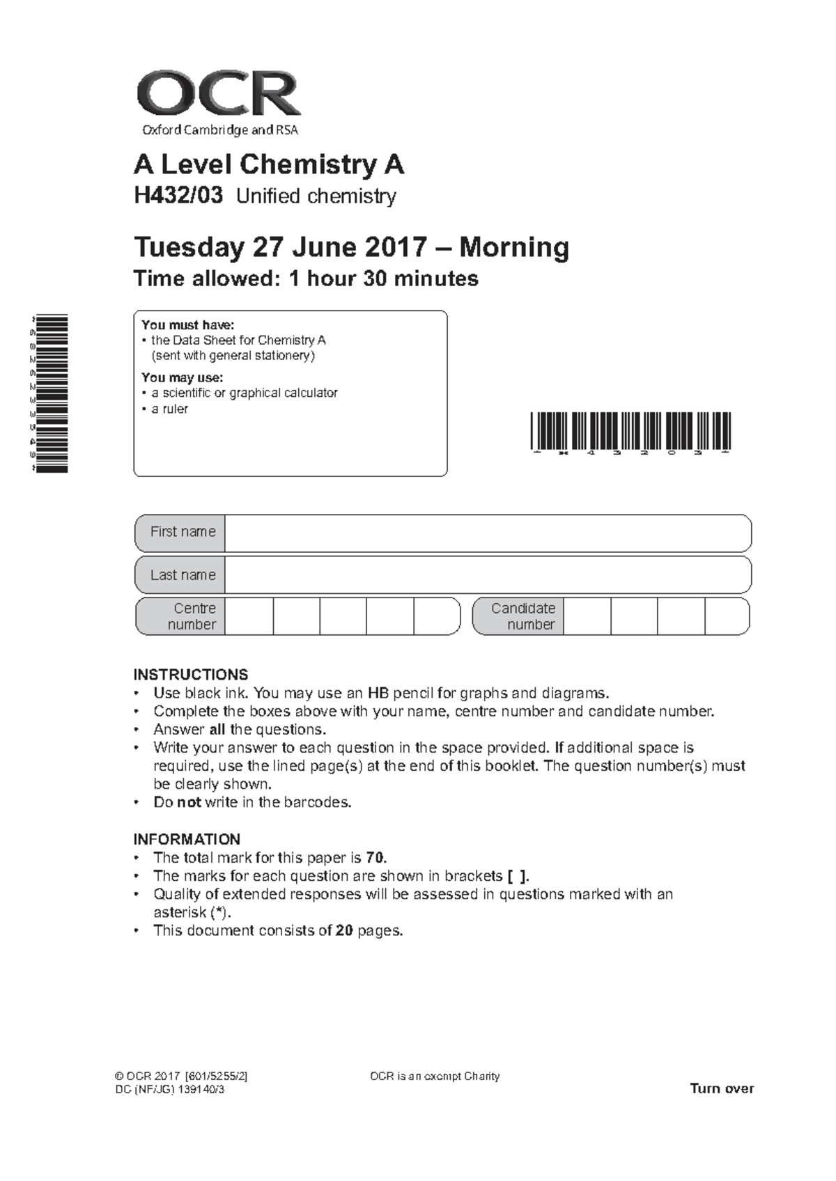 A Level Chemistry H432/03 Unified Chemistry Exam Paper - June 2017 ...