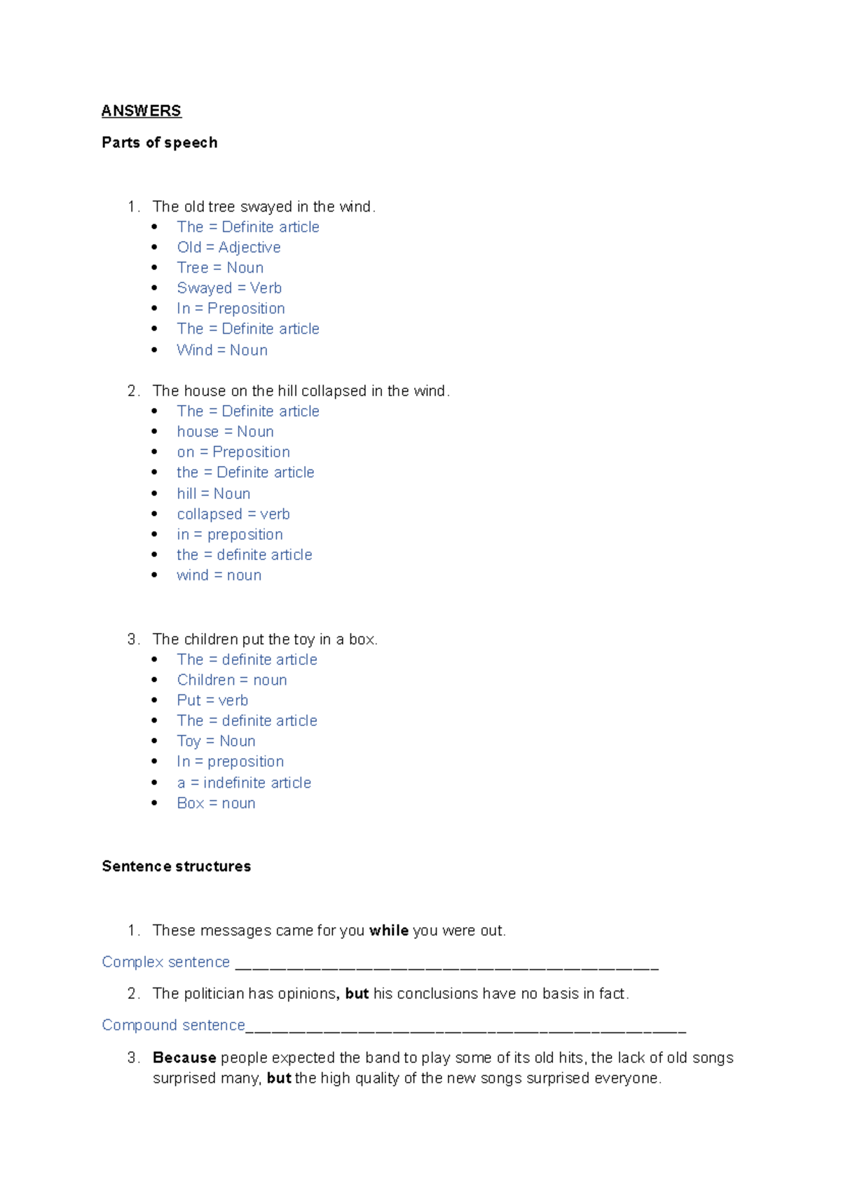 ENG 101: Revision Answers for Parts of Speech & Sentence Structure ...