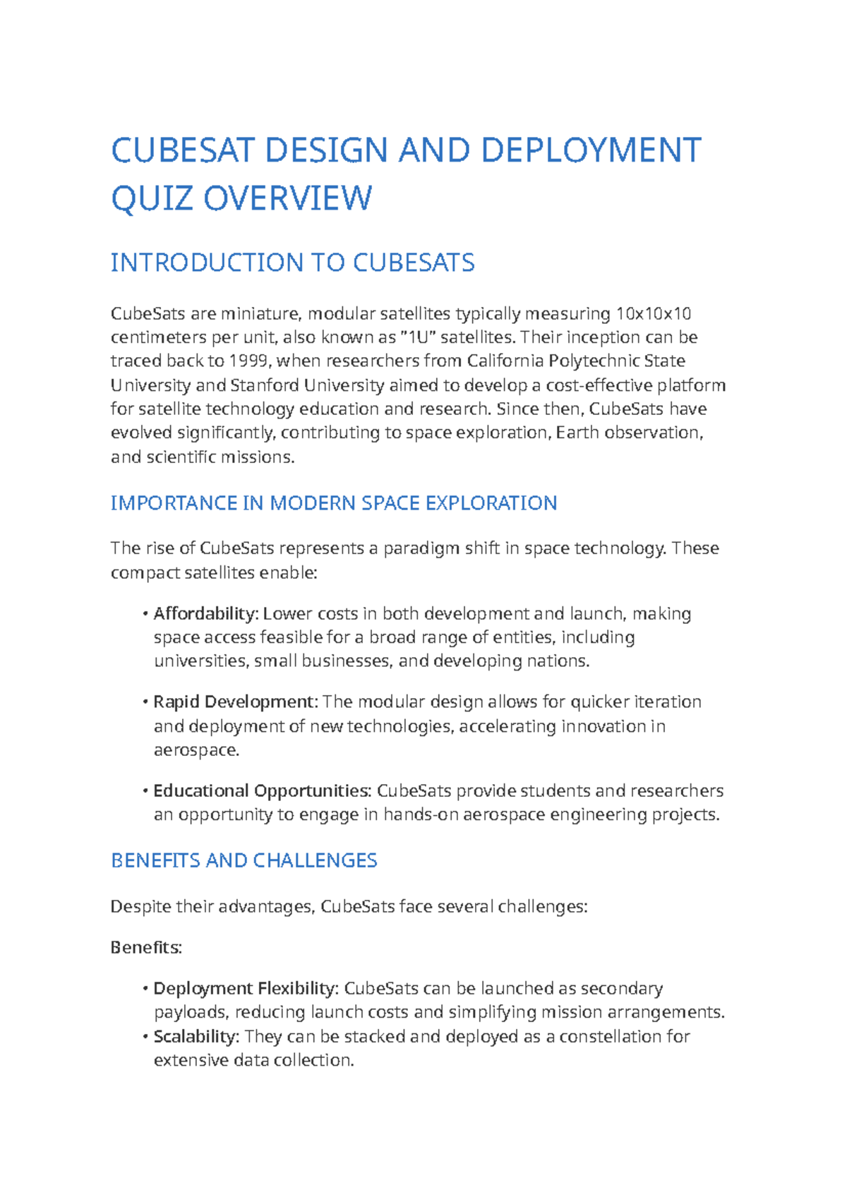 Cube Sat Design and Deployment Quiz Overview - CUBESAT DESIGN AND DEPLOYMENT QUIZ OVERVIEW - Studocu