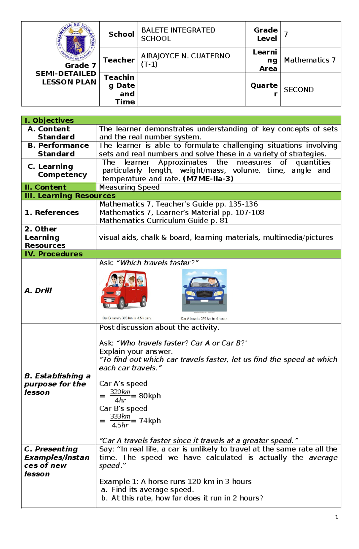 Grade 7 Math SEMI-Detailed Lesson Plan on Measuring Speed - Studocu