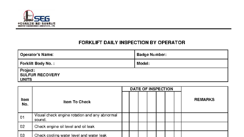 FORKLIFT DAILY INSPECTION CHECKLIST - SULFUR RECOVERY UNITS - Studocu