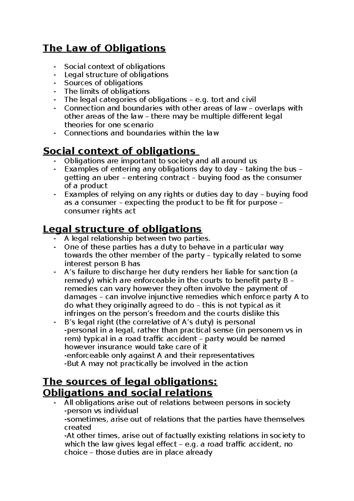 Law 101 - Week 1 - Essential Notes on Obligations and Legal Structures ...