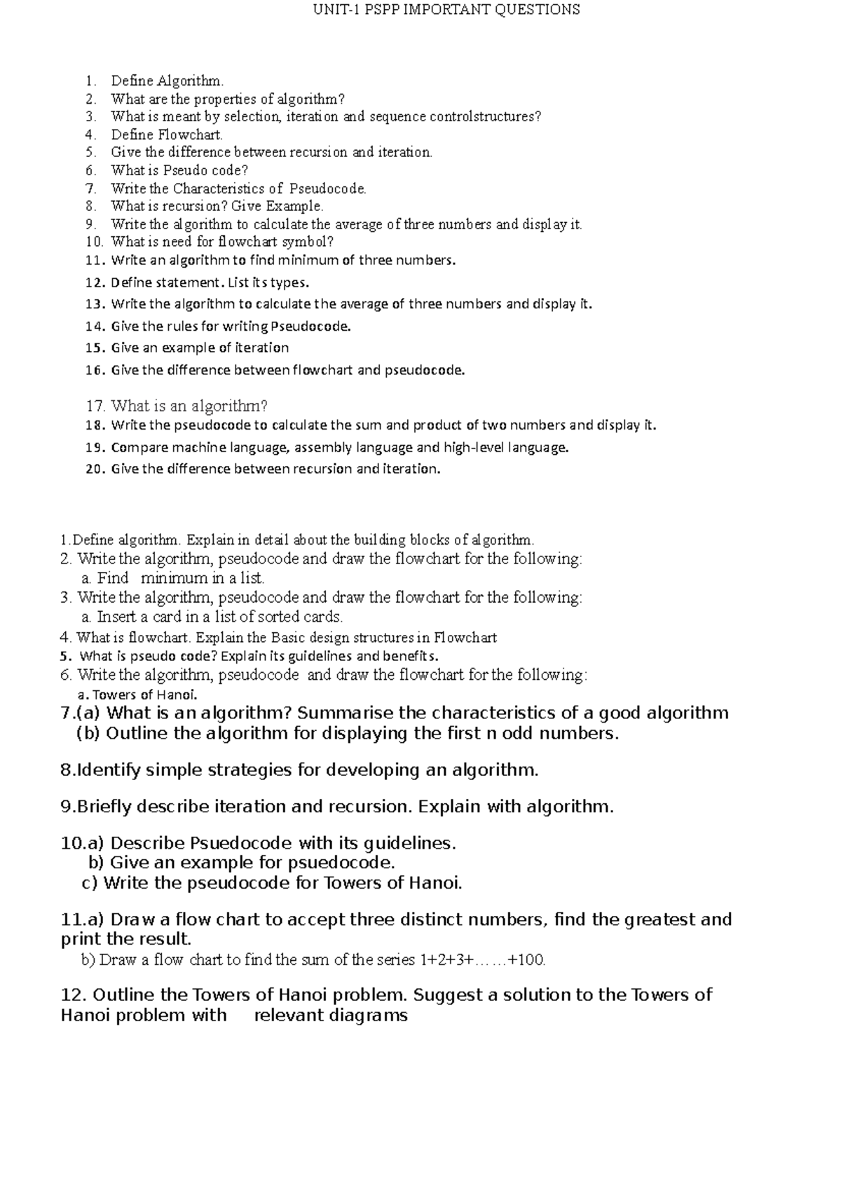 PSPP Internal Test 1: Key Questions on Algorithms and Flowcharts - Studocu
