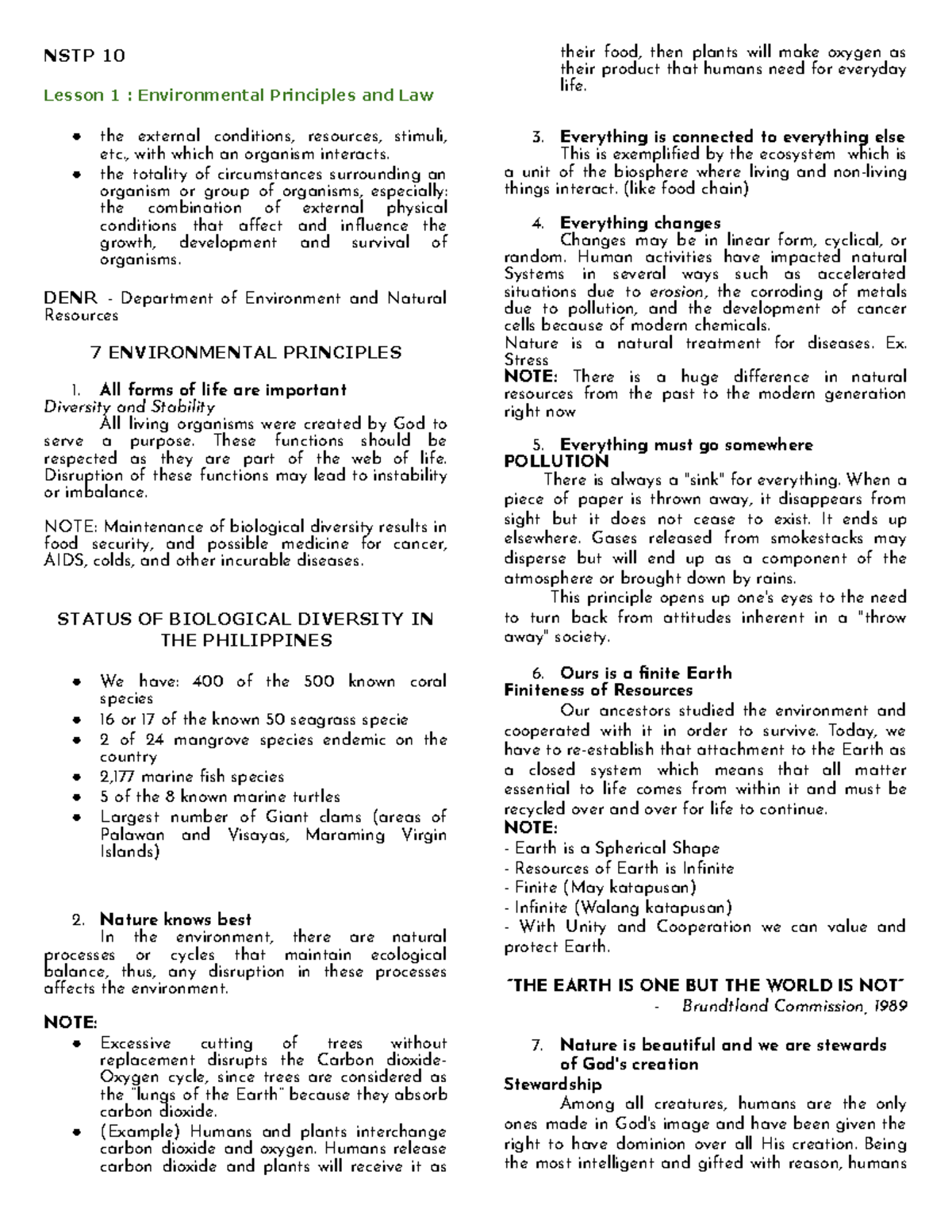 NSTP 10 Reviewer for Final Exam: Environmental Principles & Laws - Studocu