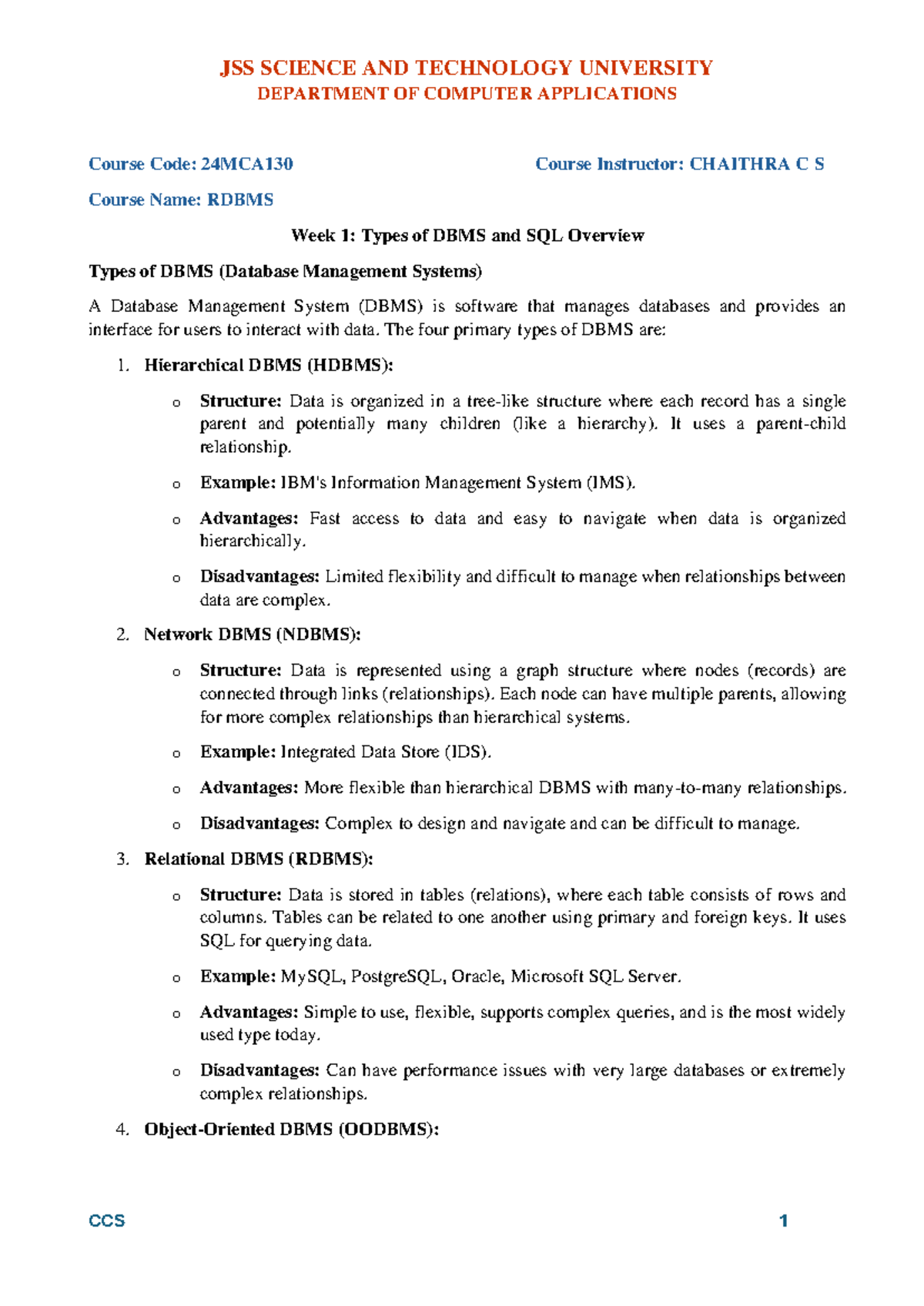 RDBMS Lab Manual: Week 1 - Types of DBMS & SQL Overview (24MCA130) - Studocu
