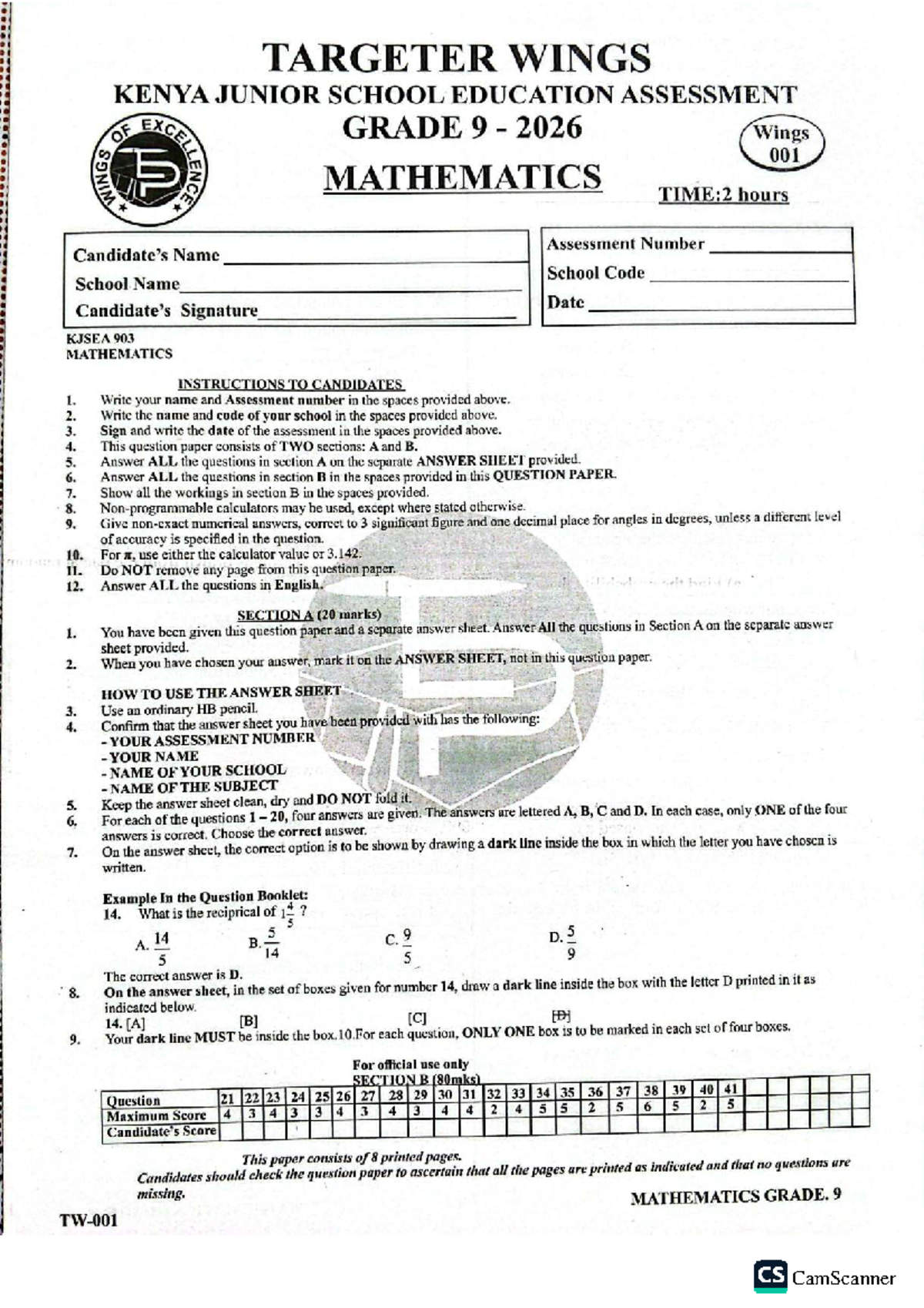 Mathematics Grade 9 Assessment Paper 2026: Targeter Wings Kenya - Studocu