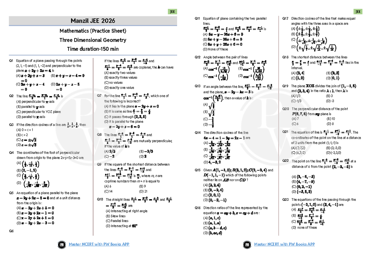JEE Manzil JEE 2026 DPP - Practice on Three Dimensional Geometry - Studocu