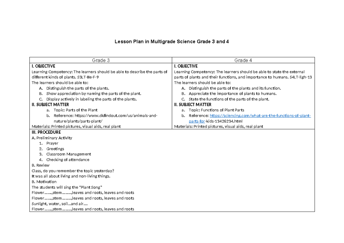 Lesson Plan: Multigrade Science for Grades 3 & 4 on Plant Parts - Studocu
