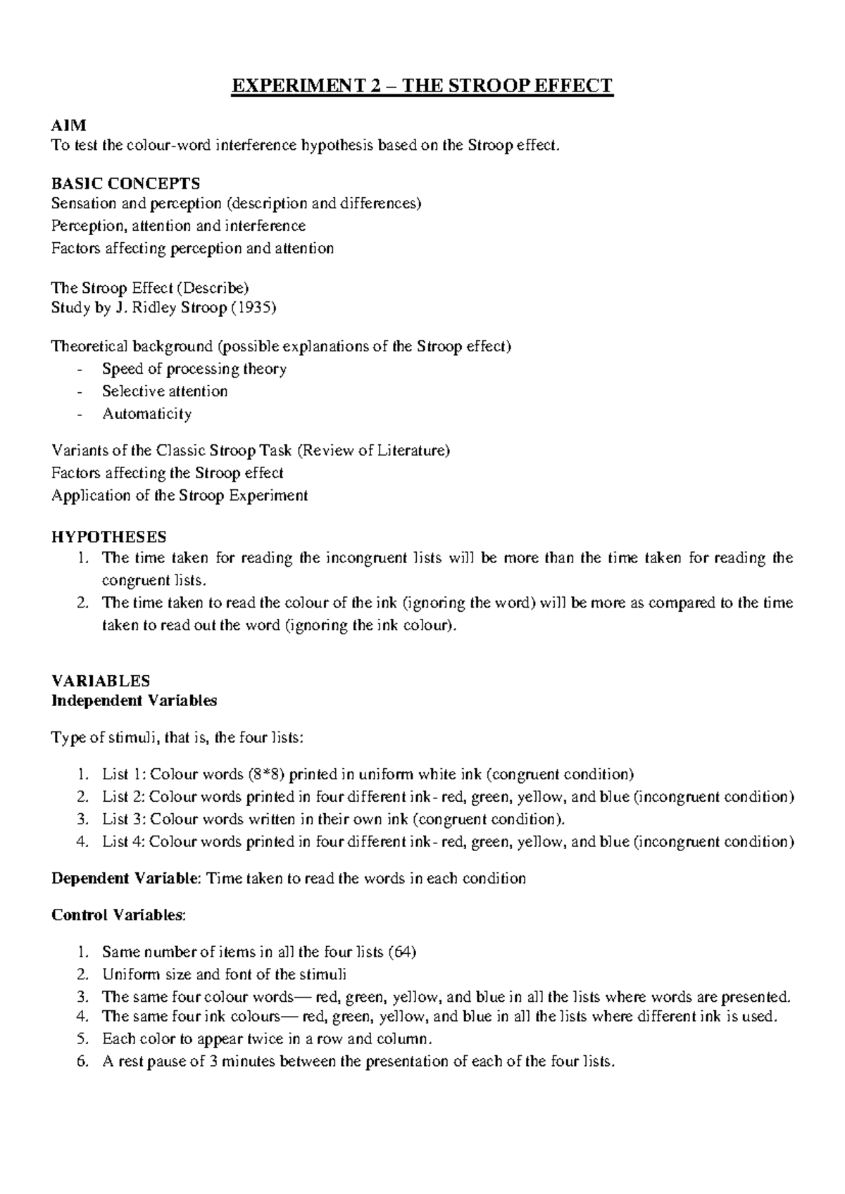 Stroop Effect Outline 2022 - EXPERIMENT 2 – THE STROOP EFFECT AIM To ...