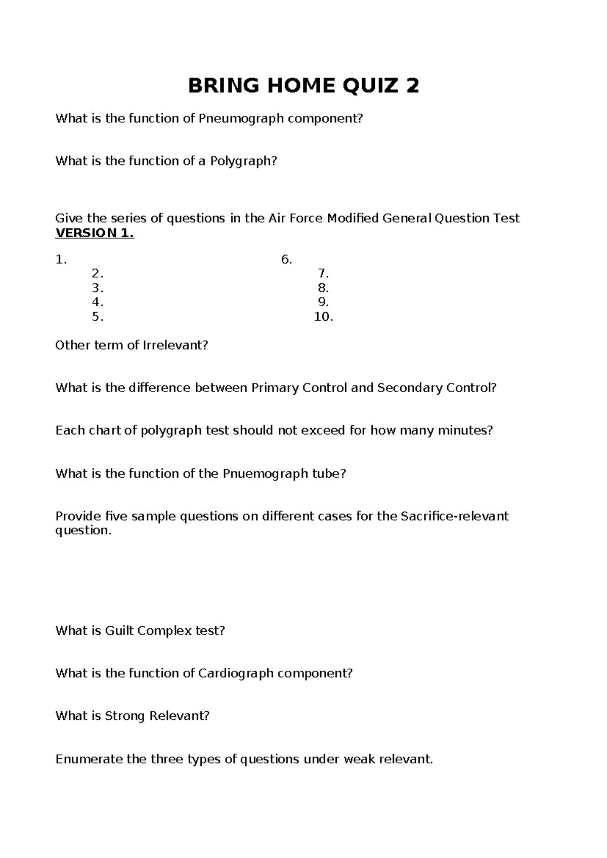 CRI-201-BHQ-2: Polygraph Test Questions & Functions Overview - Studocu
