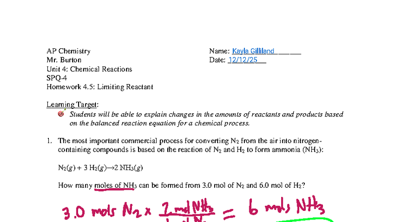 AP Chemistry Unit 4.5 Homework: Limiting Reactants Analysis - Studocu