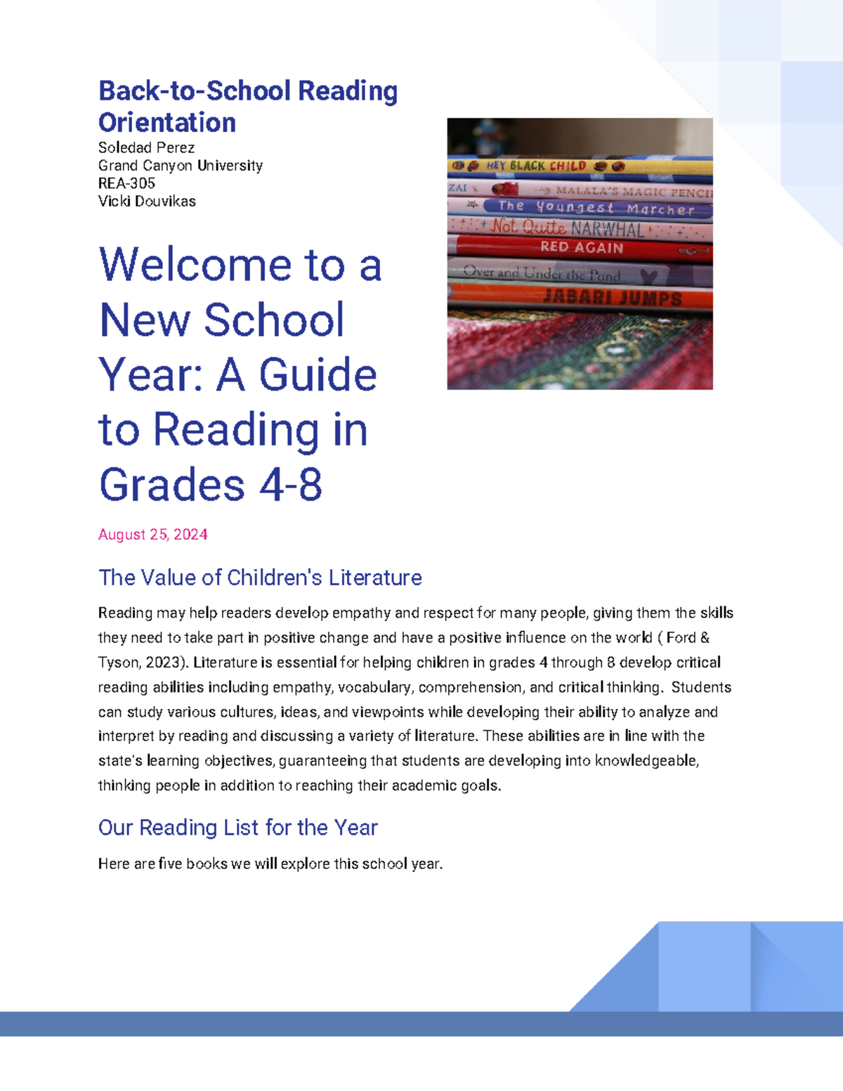 GCU REA- Back-to-School Reading Guide for Grades 4-8 Literature - Studocu