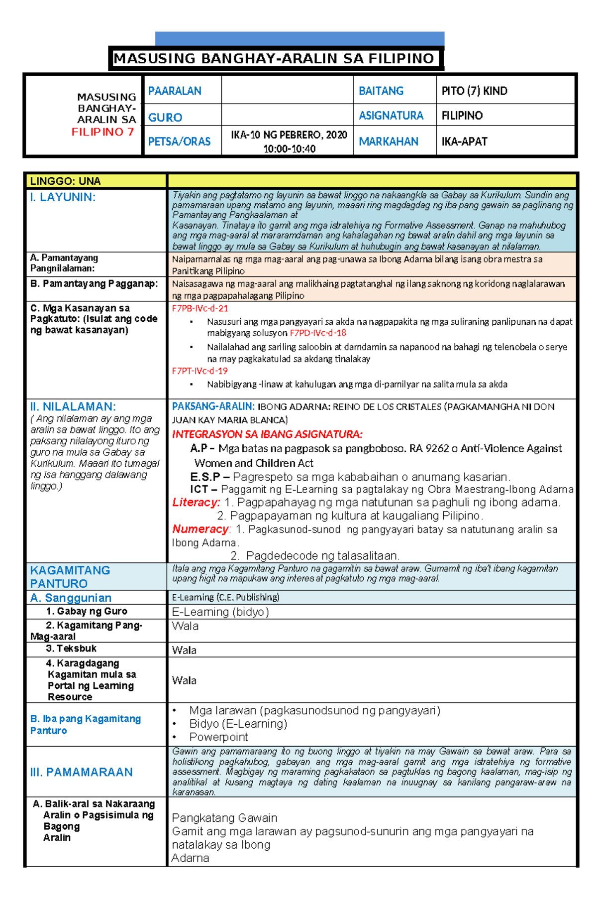 COT Filipino 7 Lesson Plan: Pagsusuri ng Ibong Adarna - Studocu