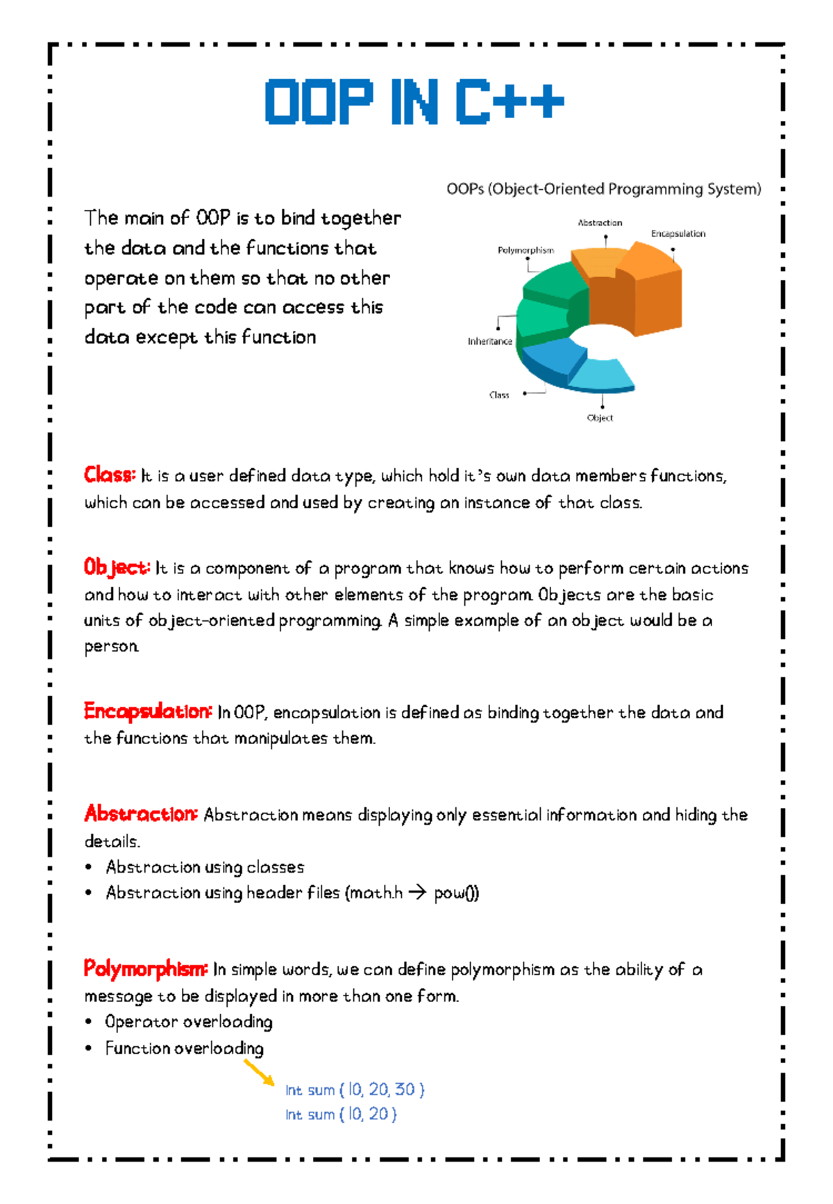OOPS in C++ - OOP in C++ The main of OOP is to bind together the data and the functions that ...