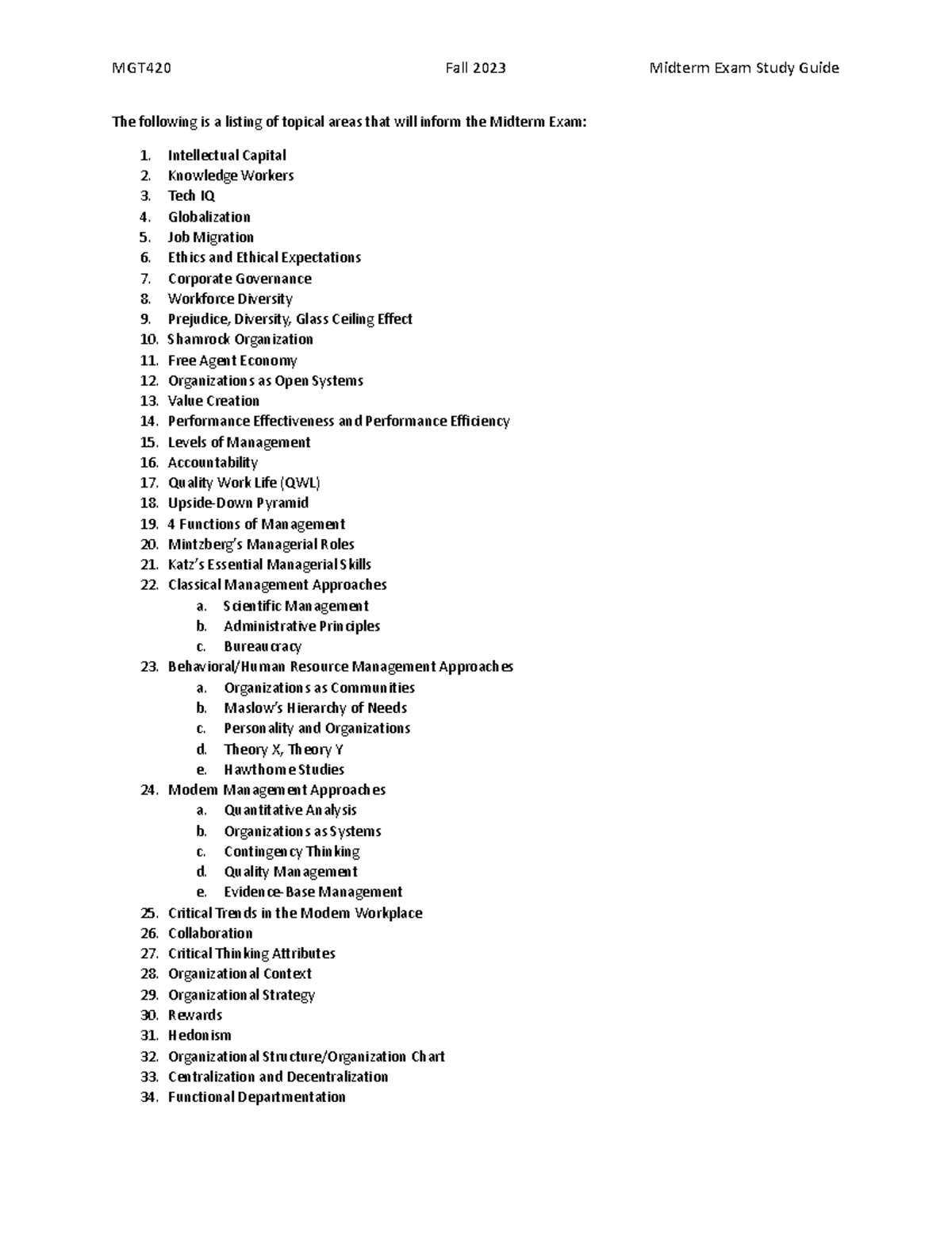 MGT-420 Comprehensive Midterm Exam Study Guide & Key Topics - Studocu