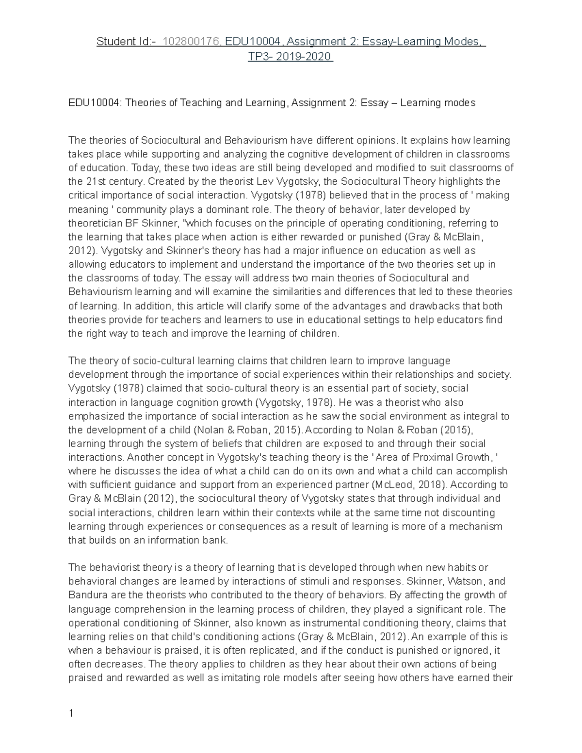 EDU10004 Assignment 2 Essay: Exploring Learning Modes in Education - Studocu