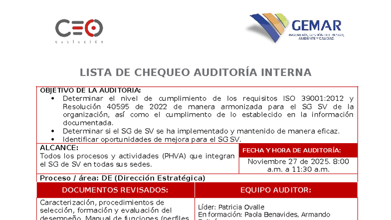 Lista de Verificación Auditoría Interna ISO 39001:2012 y Resolución ...