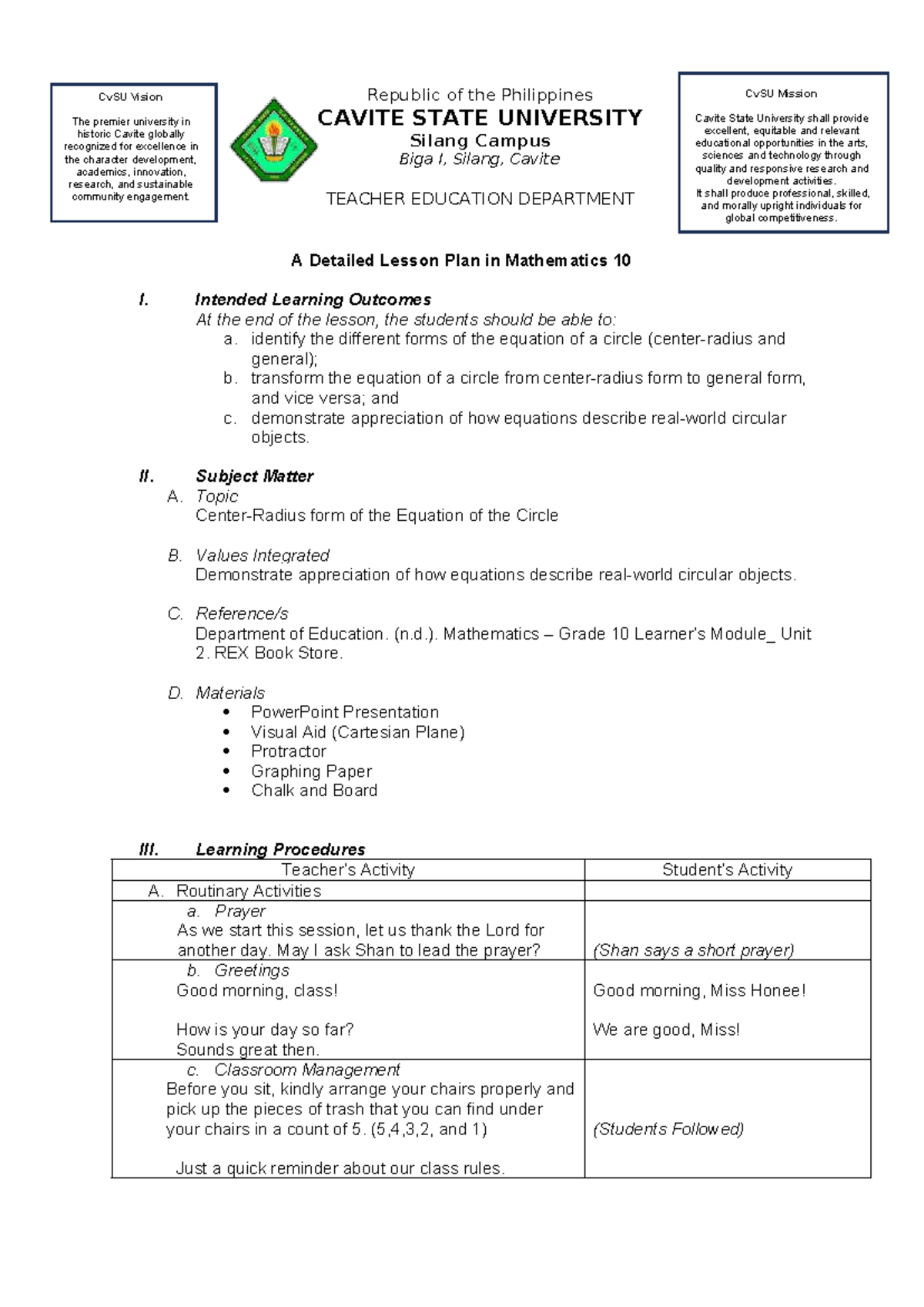 Detailed Lesson Plan - Math 10: Center and Radius of a Circle - Studocu