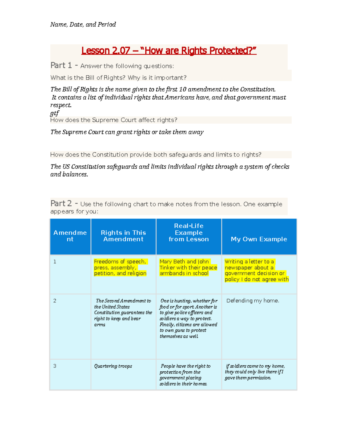 Lesson 2.07 CAP: Understanding the Bill of Rights and Its Impact - Studocu