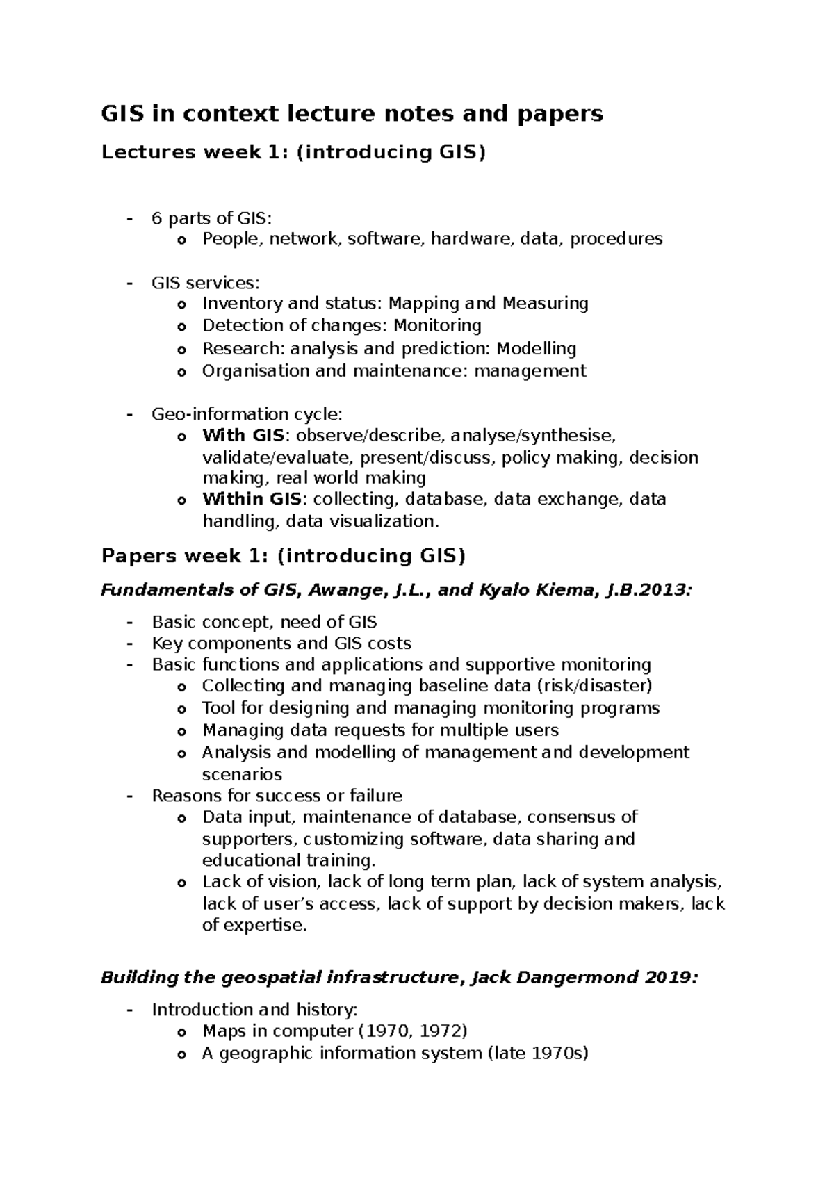 GIS 101: Summary and Exam Sheet for Weeks 1-3 Lecture Notes - Studeersnel