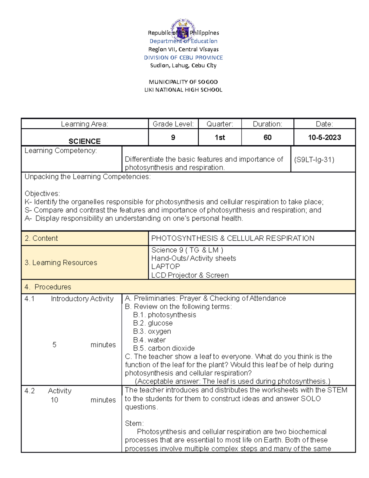 HOTS-Lesson Plan: Photosynthesis & Cellular Respiration (SCI 9) - Studocu