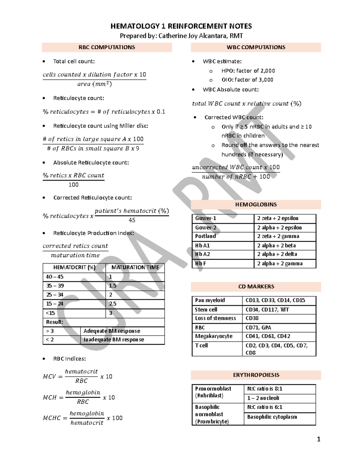 HEMA 1 - Hematology Reinforcement Notes by Catherine Joy Alcantara ...