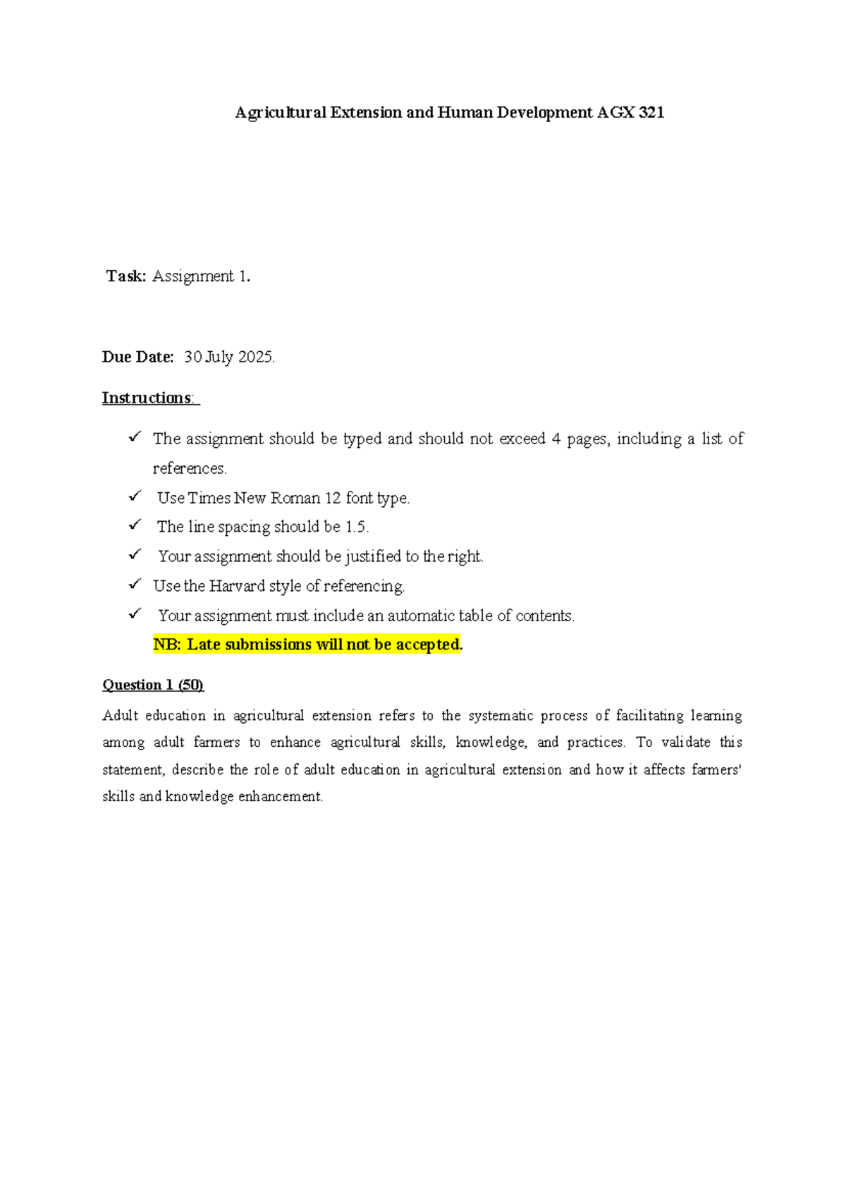 Assignment 1: Role of Adult Education in Agricultural Extension AGX 321 ...