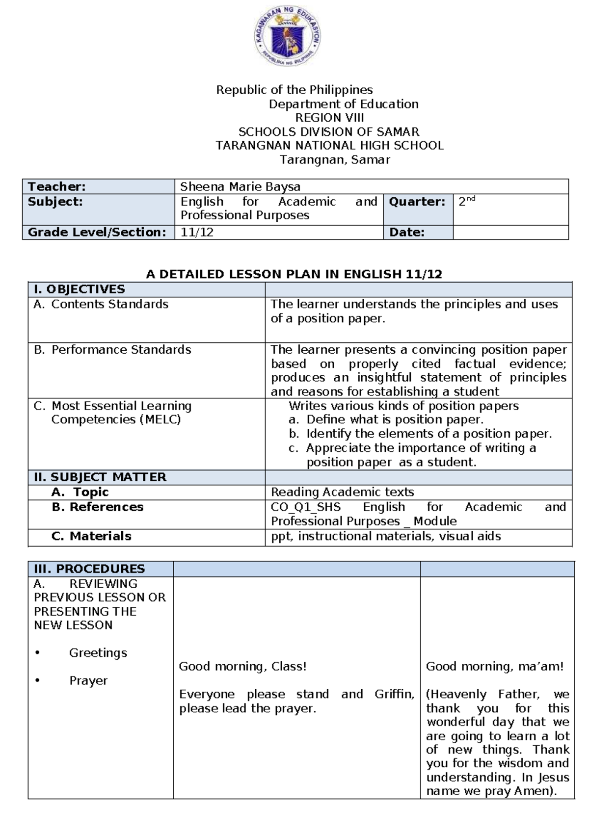 LP in EAPP 11: Sample Detailed Lesson Plan for Position Papers - Studocu