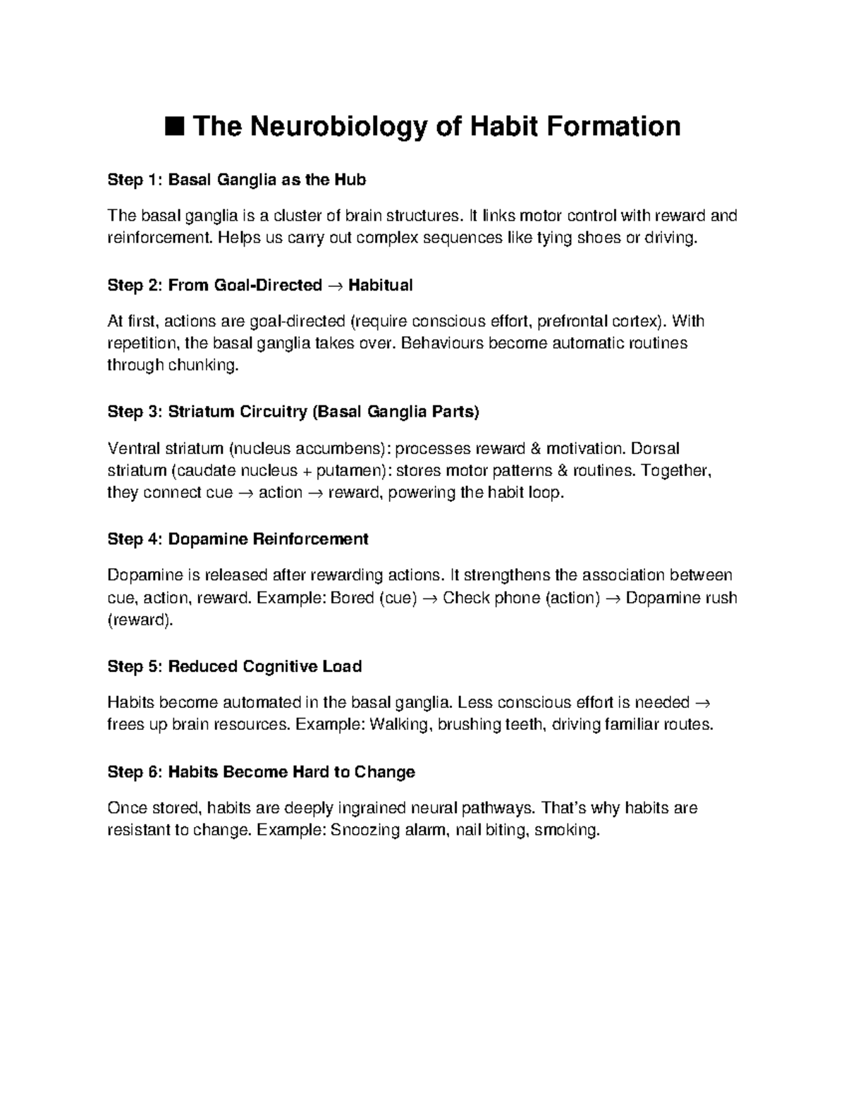 The 6 Steps of Neurobiology in Habit Formation: Basal Ganglia Focus ...
