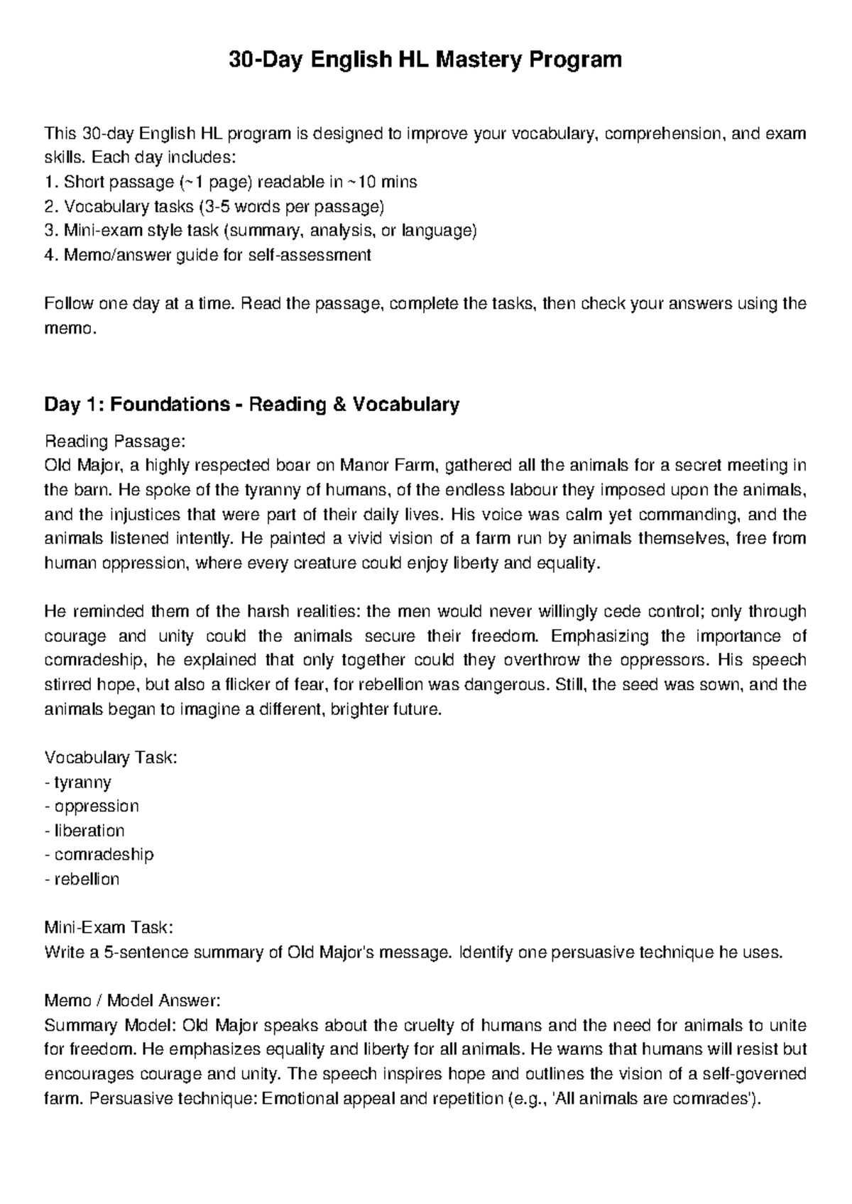 30-Day English HL Mastery Program - Vocabulary & Comprehension Tasks ...