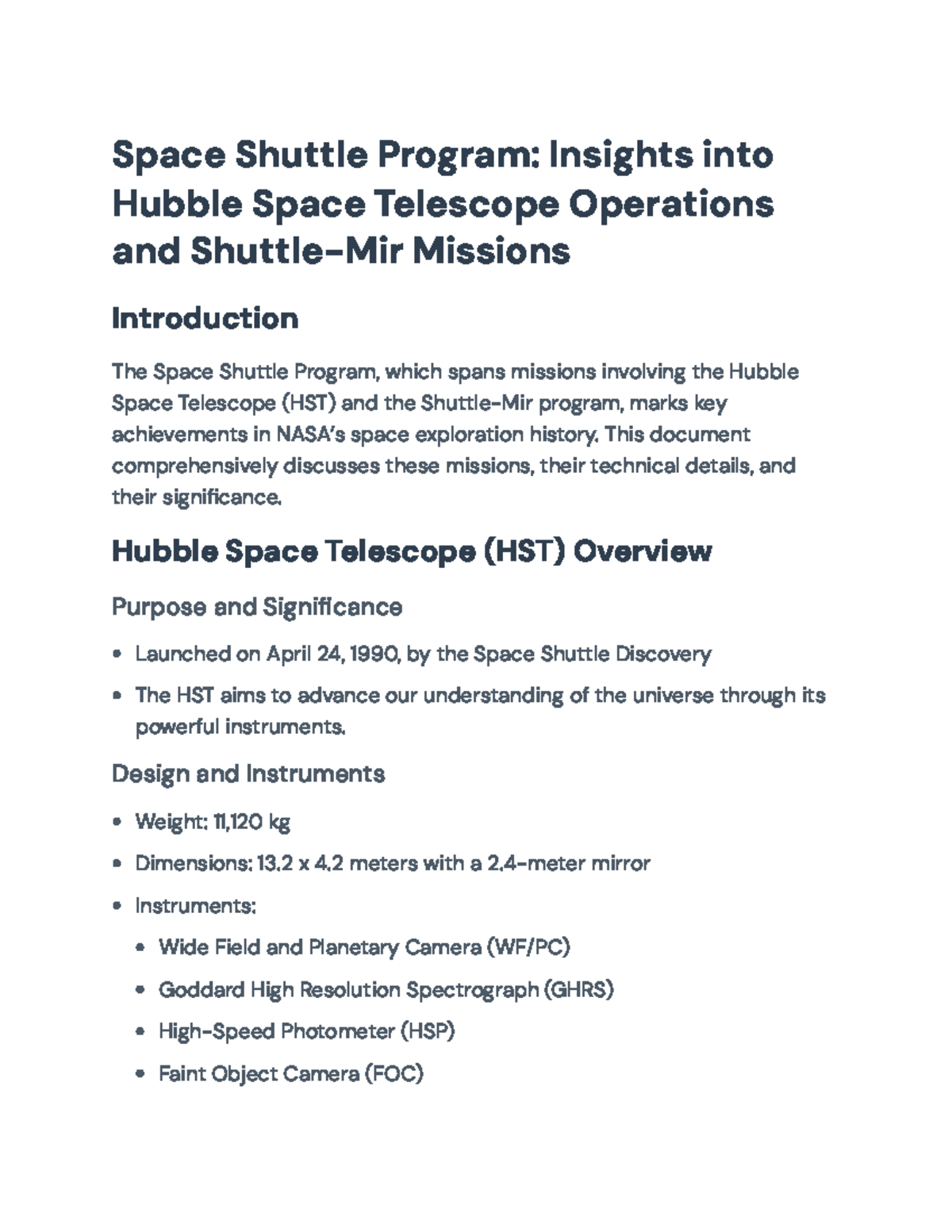Space Shuttle Program: HST Operations & Shuttle-Mir Missions Overview ...
