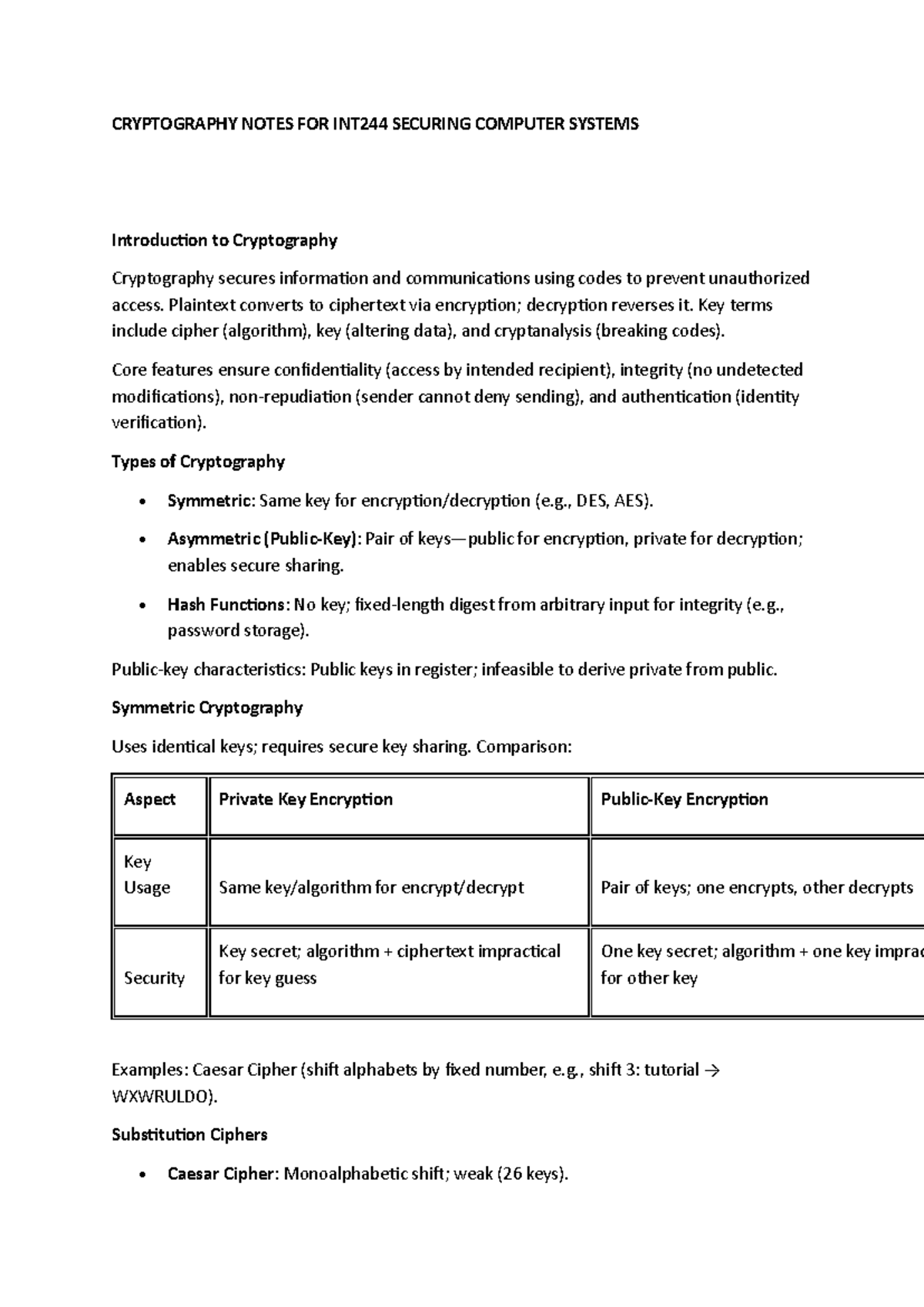 Cryptography Notes for INT244: Securing Computer Systems Overview - Studocu