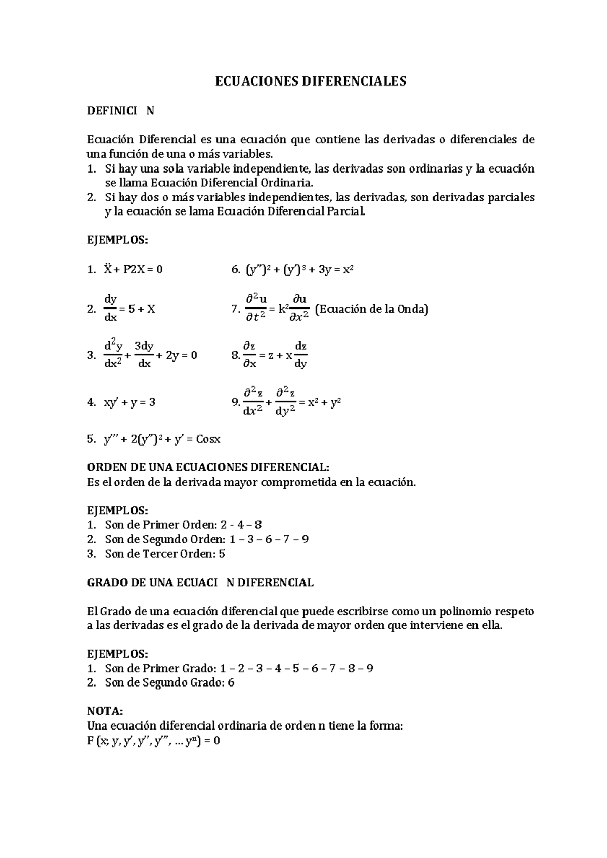 Notas de Ecuaciones Diferenciales - Definición y Ejemplos - Studocu