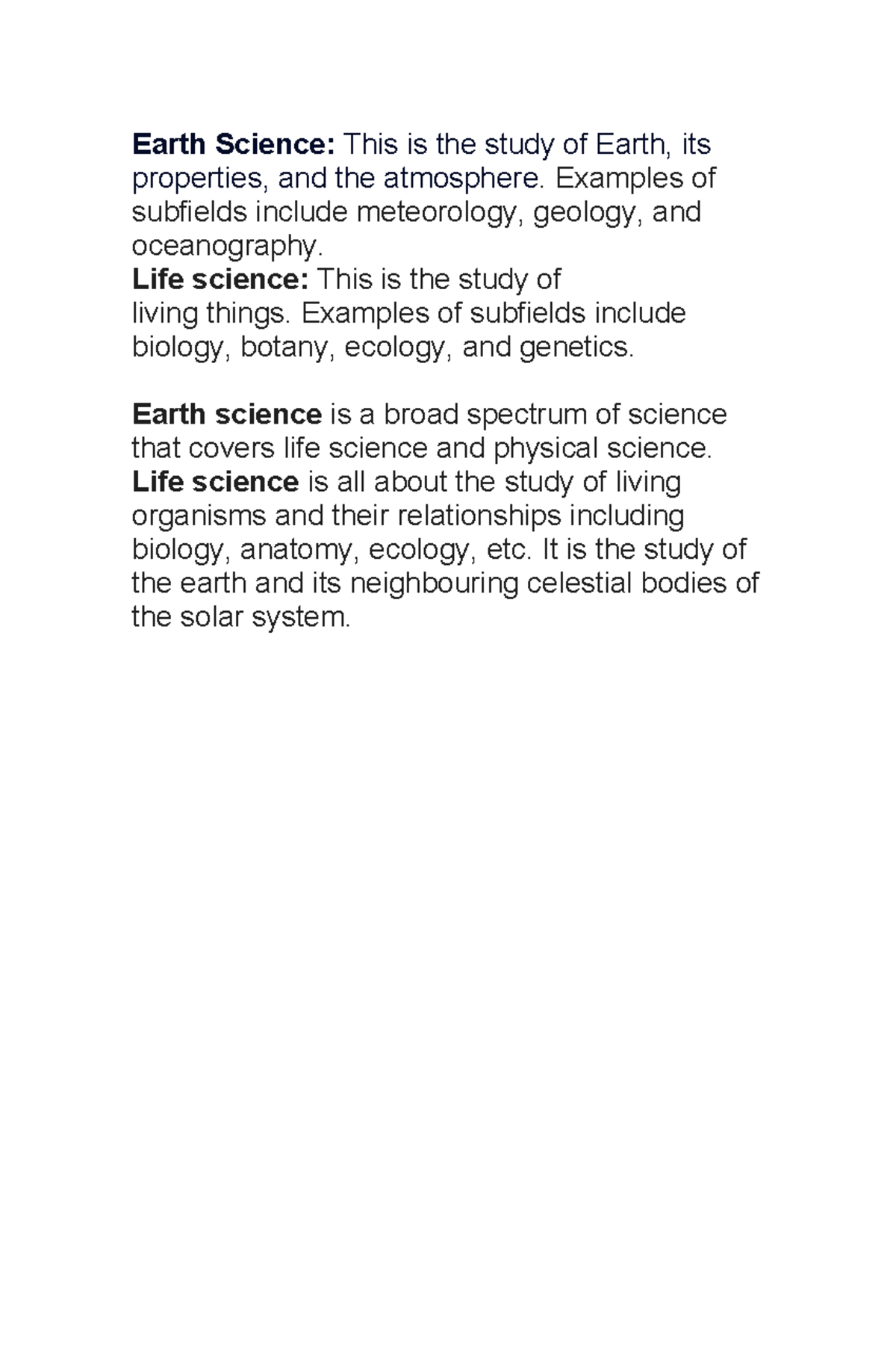 Definition of Earth and Life Science - Earth Science: This is the study ...