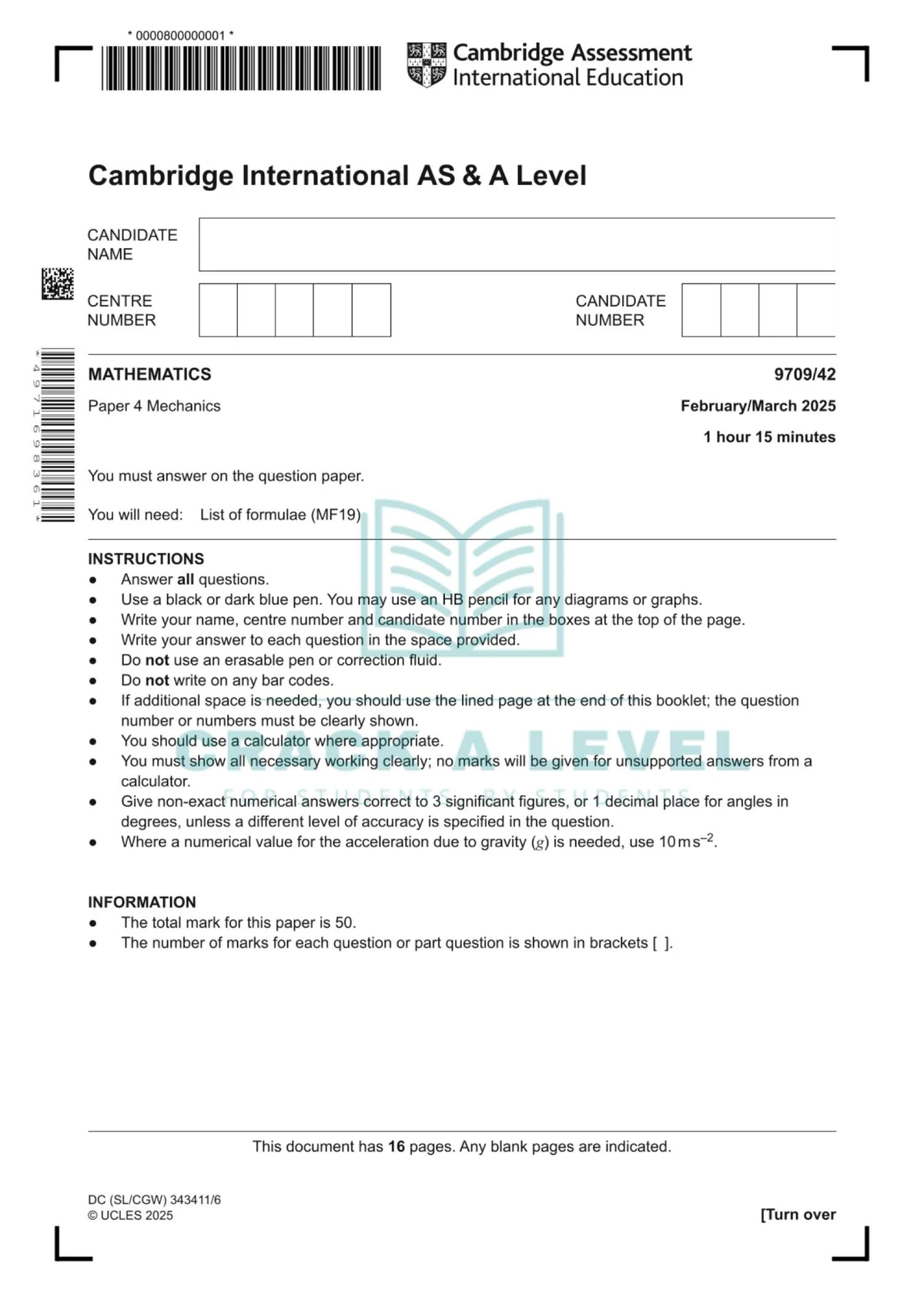 Cambridge International A Level Mathematics 9709/42 Mechanics Mark ...