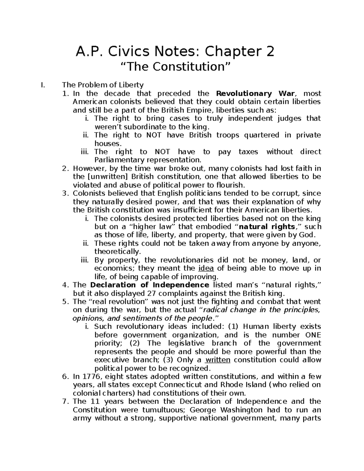 Civics Notes: Chapter 02 - The Constitution and Its Impact on Liberty ...