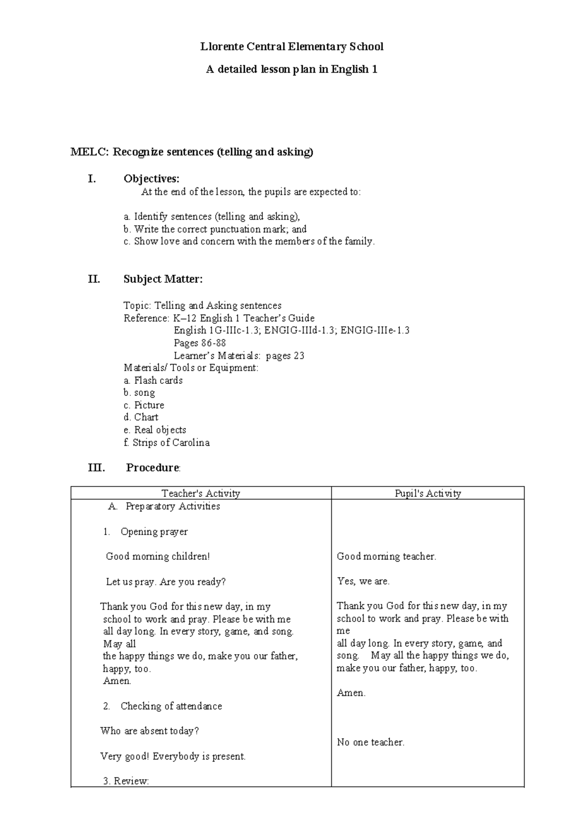 English 1 Lesson Plan: Telling and Asking Sentences (ENGIG-III) - Studocu
