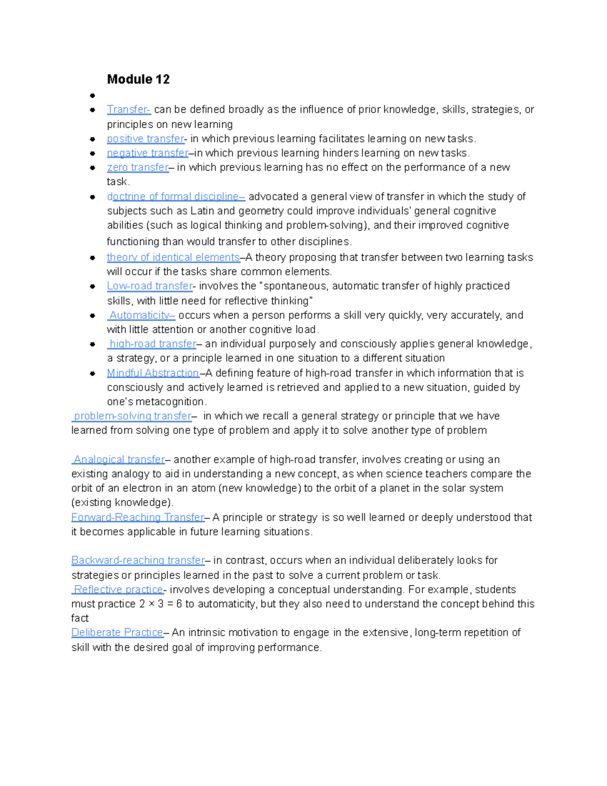 Exam 3 EDU study guide Module 12-17 - Module 12 Transfer- can be ...