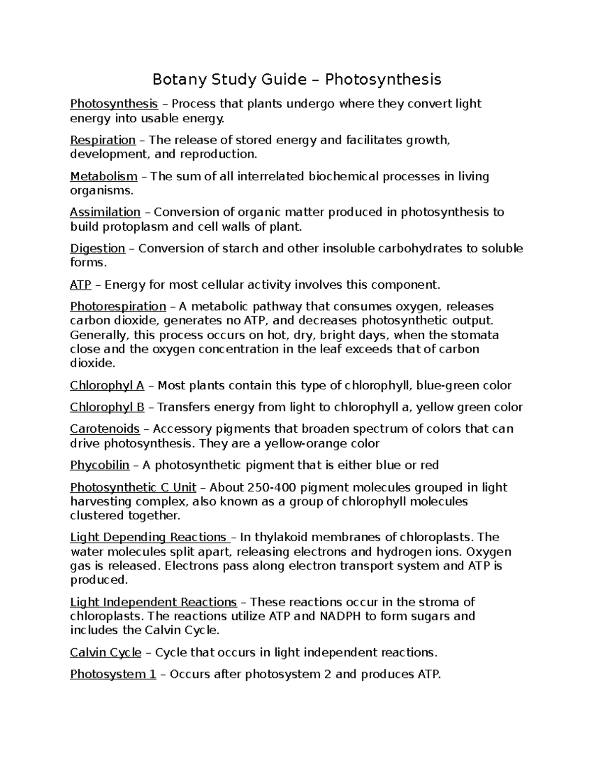 Botany Study Guide for Photosynthesis - Botany Study Guide ...