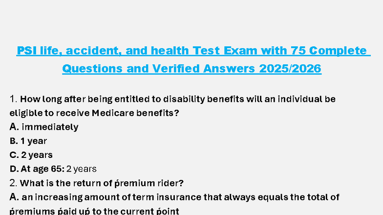 PSI Life, Accident, and Health Test Exam: 75 Questions & Answers - Studocu