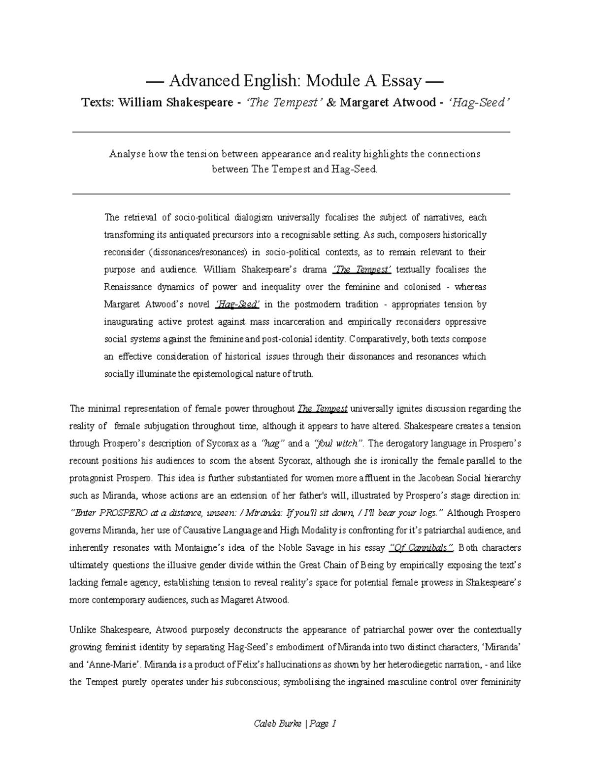 ENG Advanced - Module A Essay on Tempest & Hag-Seed Connections - Studocu