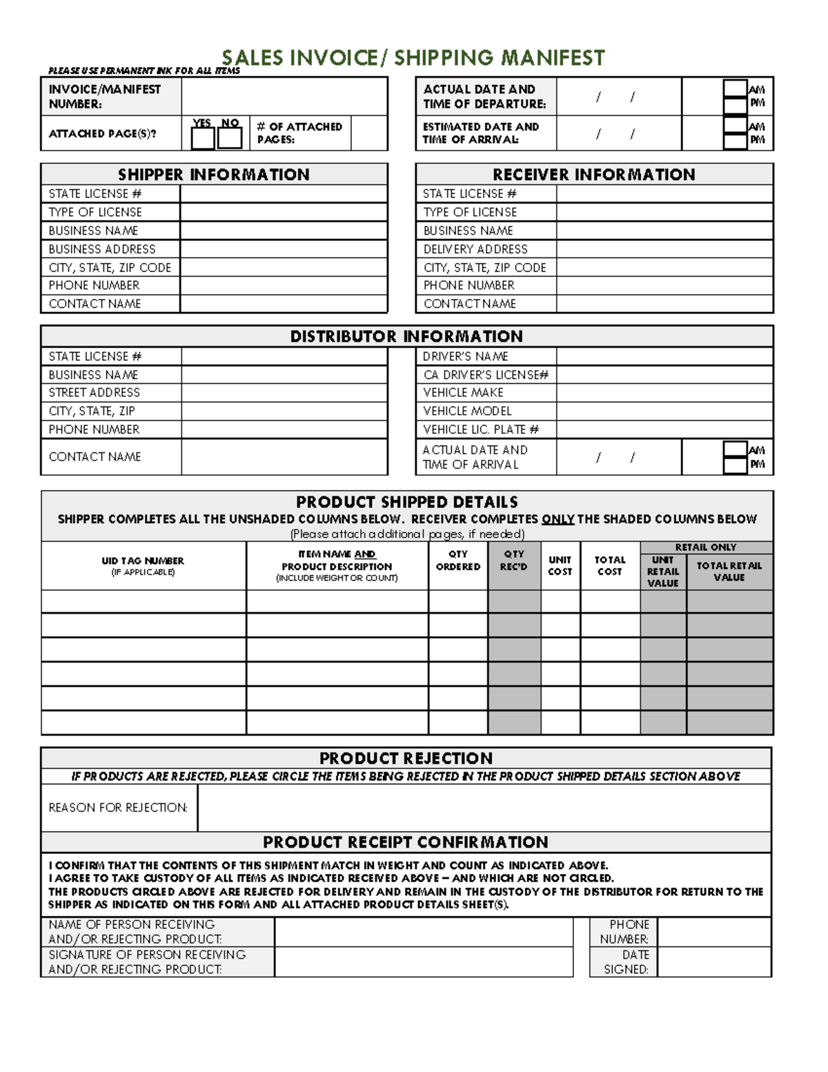 Final Sample Sales Invoice - Shipping Manifest - Fillable PDF - SALES ...