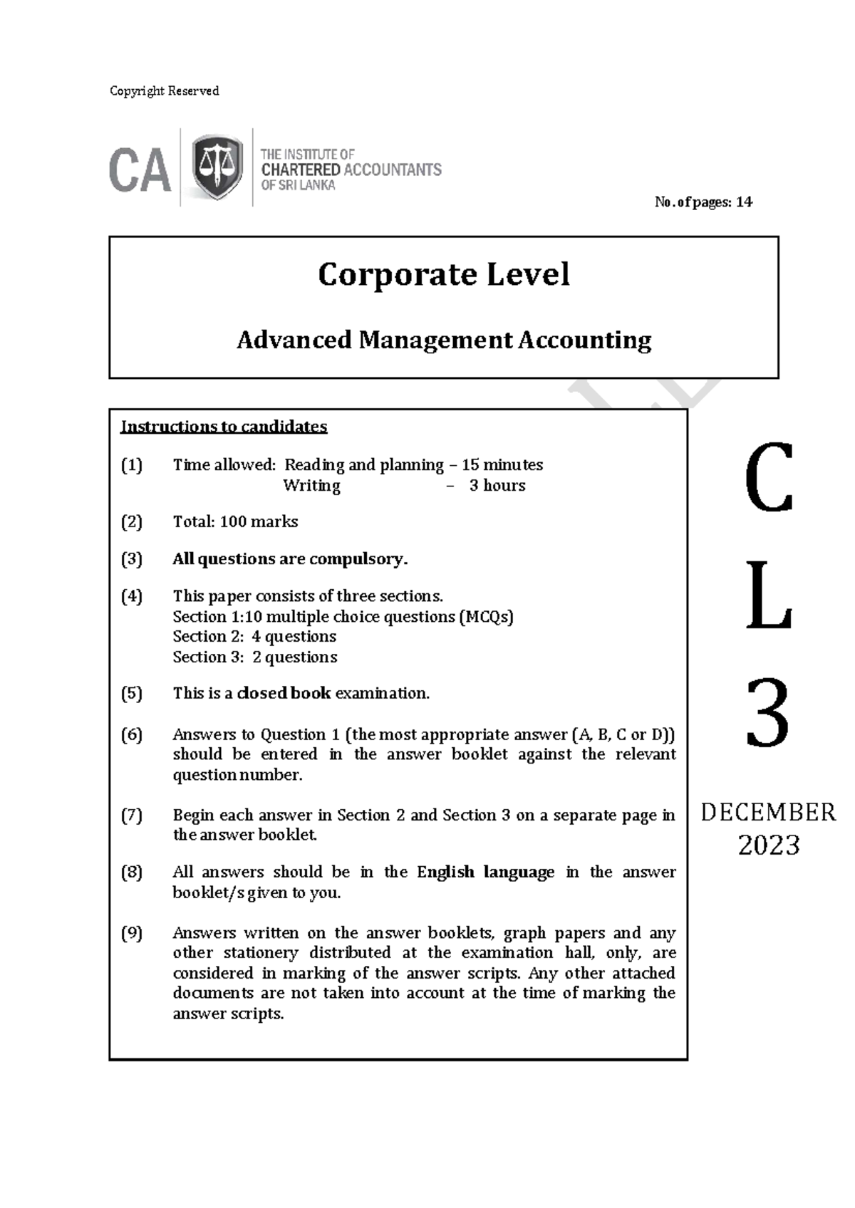 2023 Dec CL3 - Corporate Level Advanced Management Accounting Exam ...