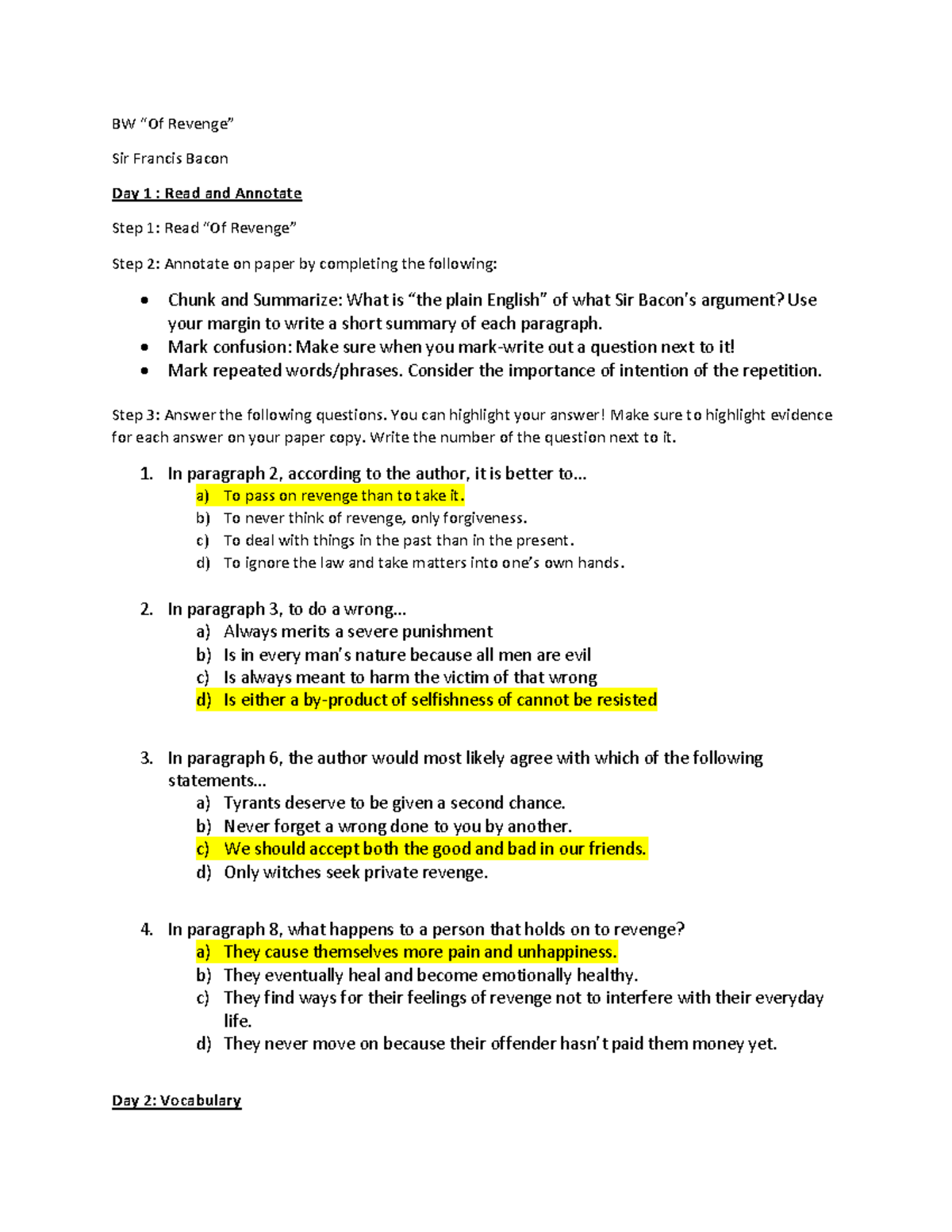 Of Revenge Assignment - BW “Of Revenge” Sir Francis Bacon Day 1 : Read ...