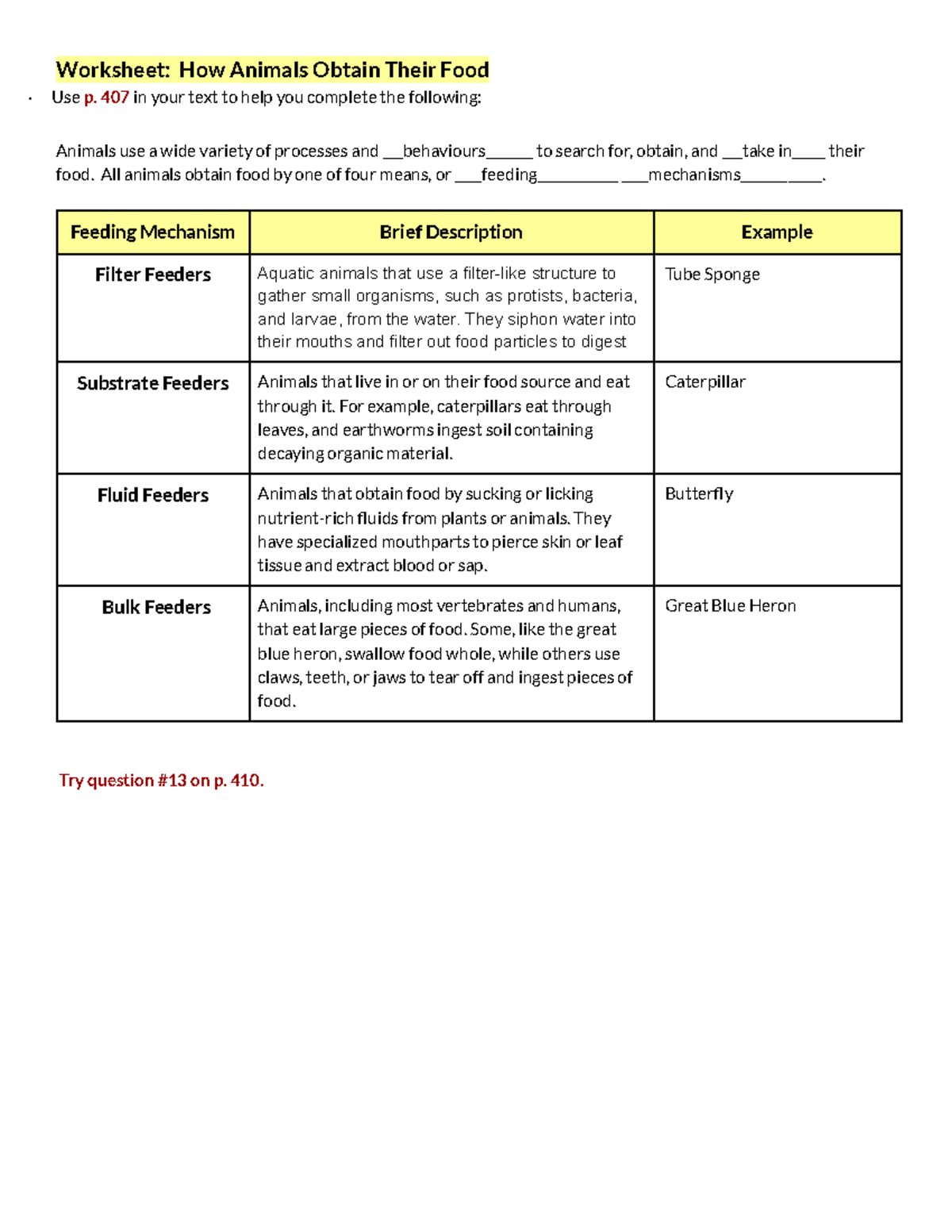 Worksheet How Animals Obtain Their Food - 407 in your text to help you ...