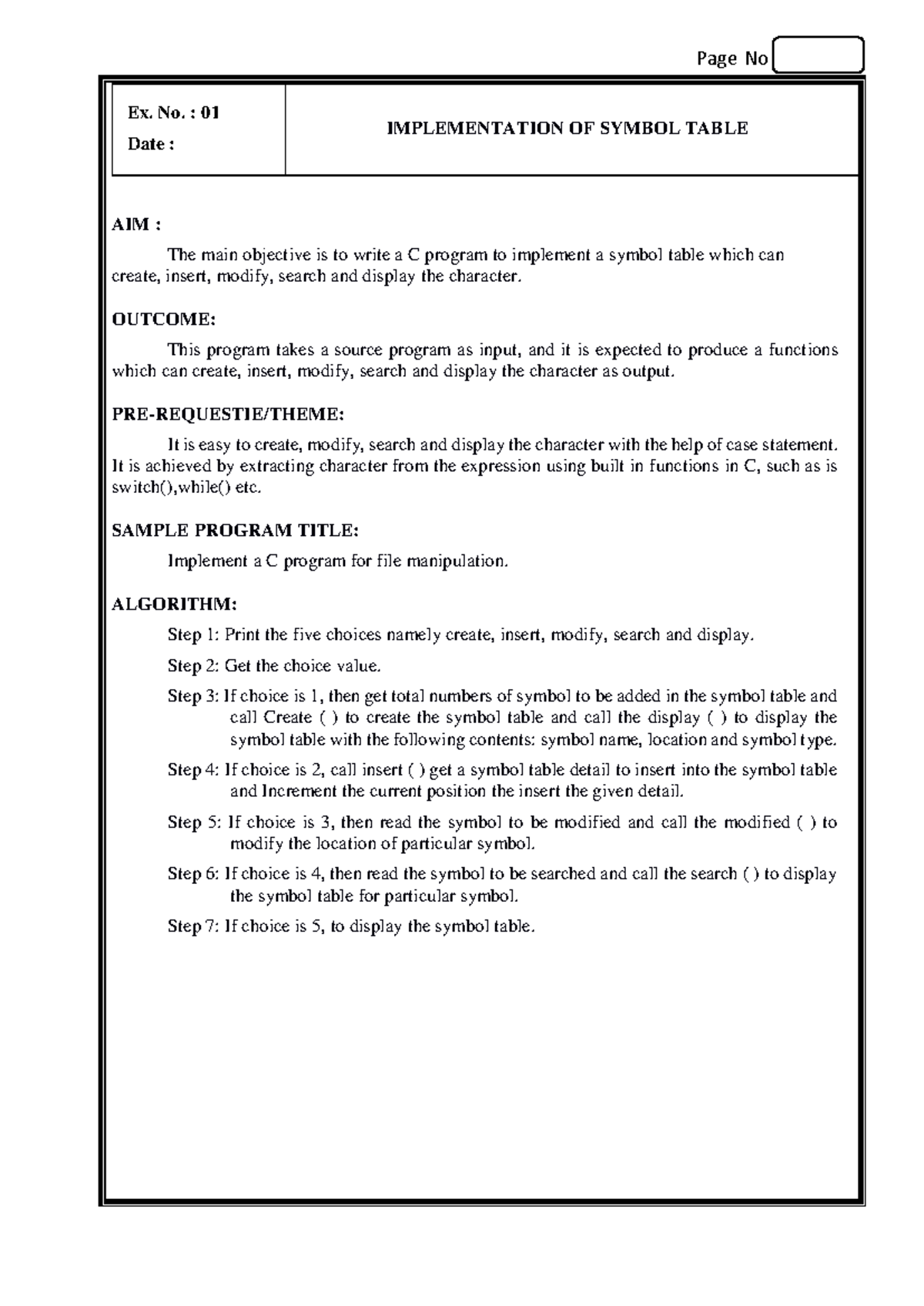 CS3501 Compiler Design Lab Manual: Symbol Table Implementation - Studocu