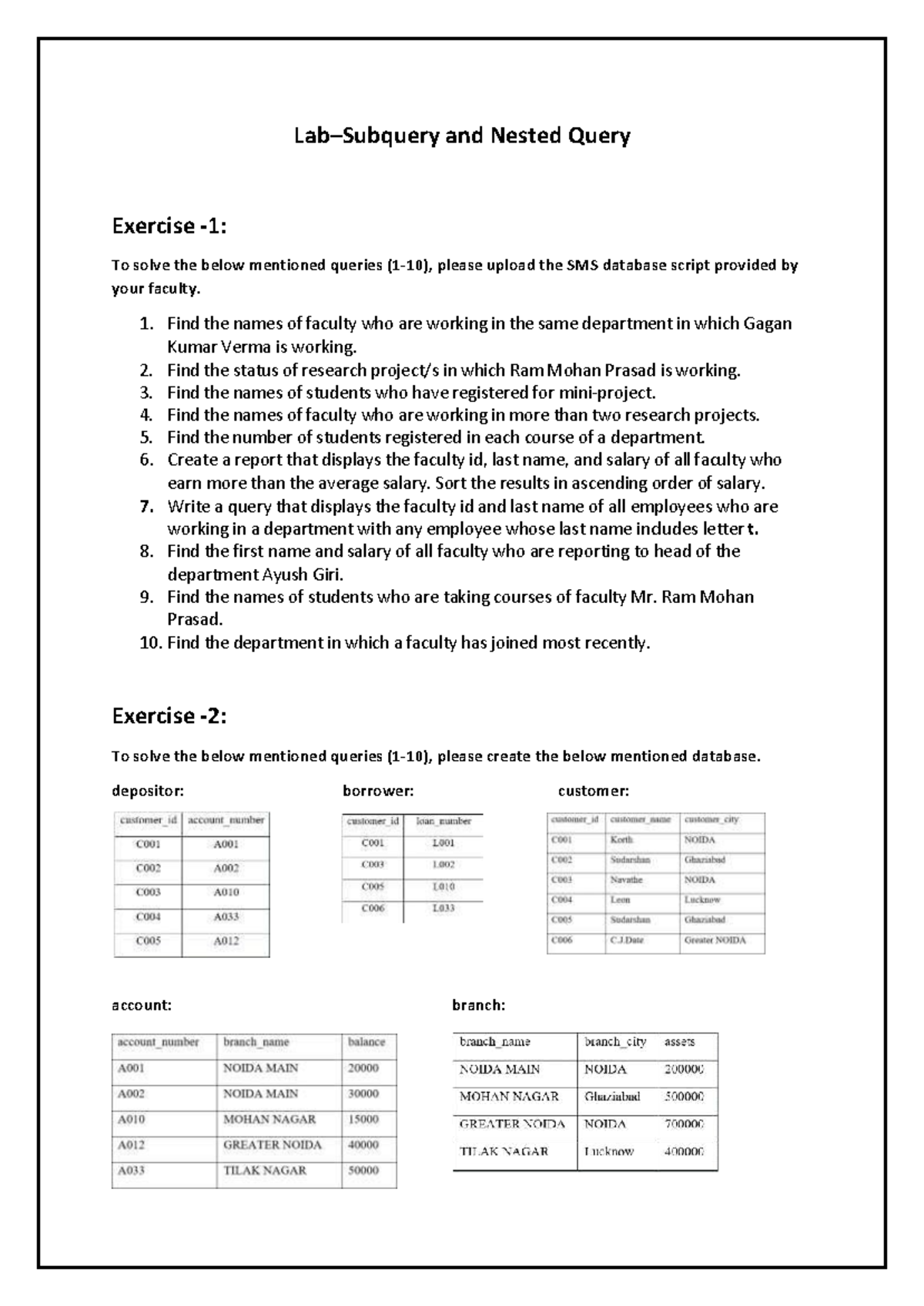 DBMS Subquery Joins Exercise: Nested Queries and Solutions - Studocu