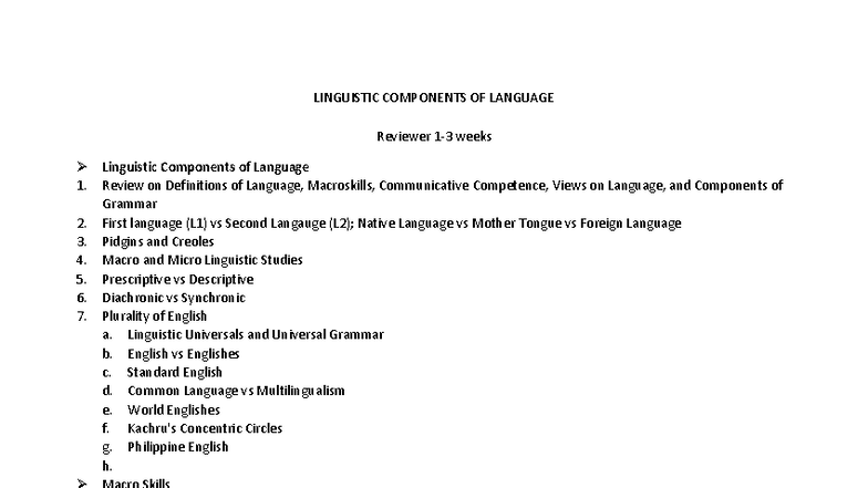 EL 101: Linguistic Components of Language Review (Weeks 1-7) - Studocu
